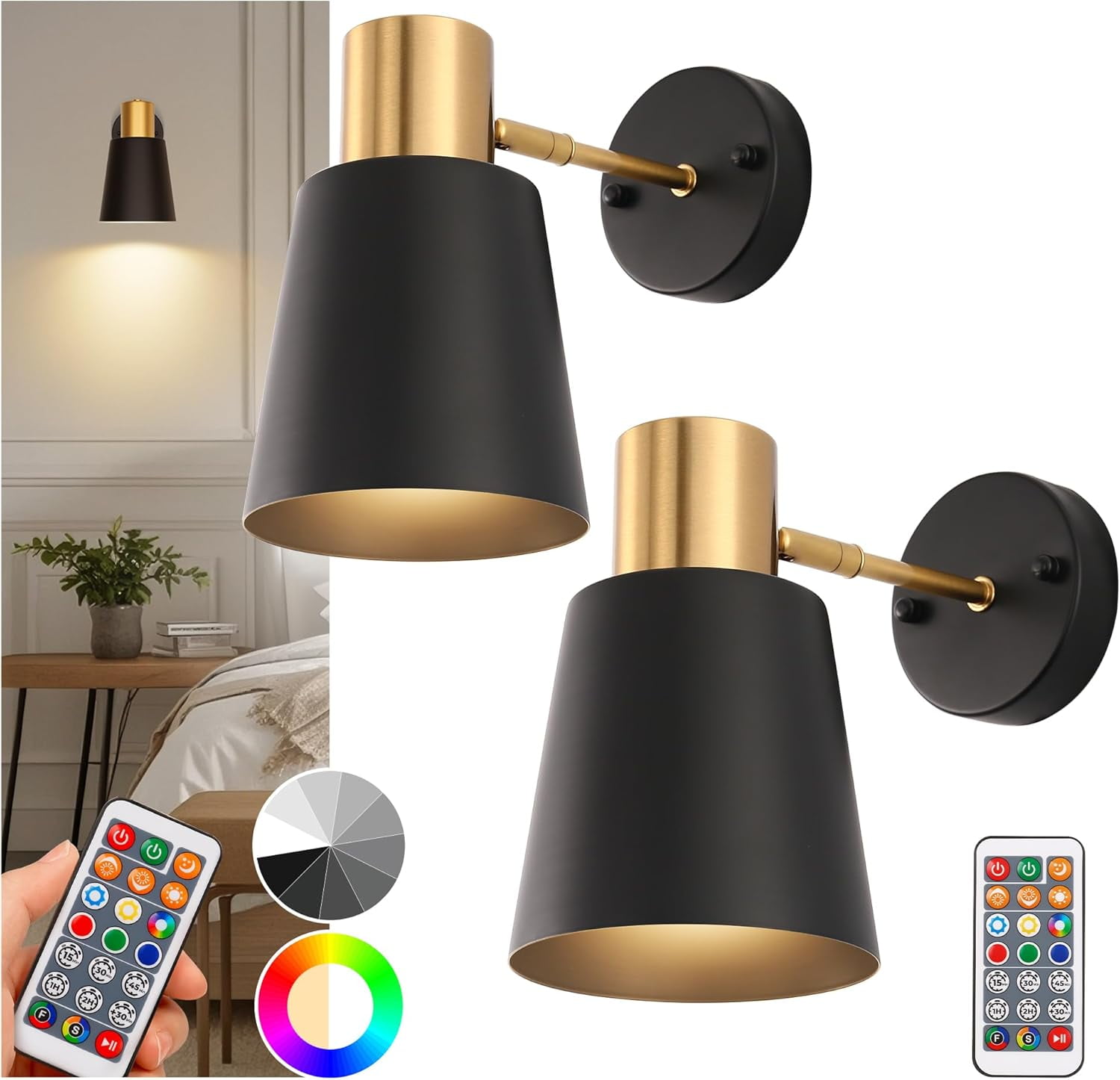 Operated Wall Sconces Set of Two, Dimmable & Adjustable Black Wall ...