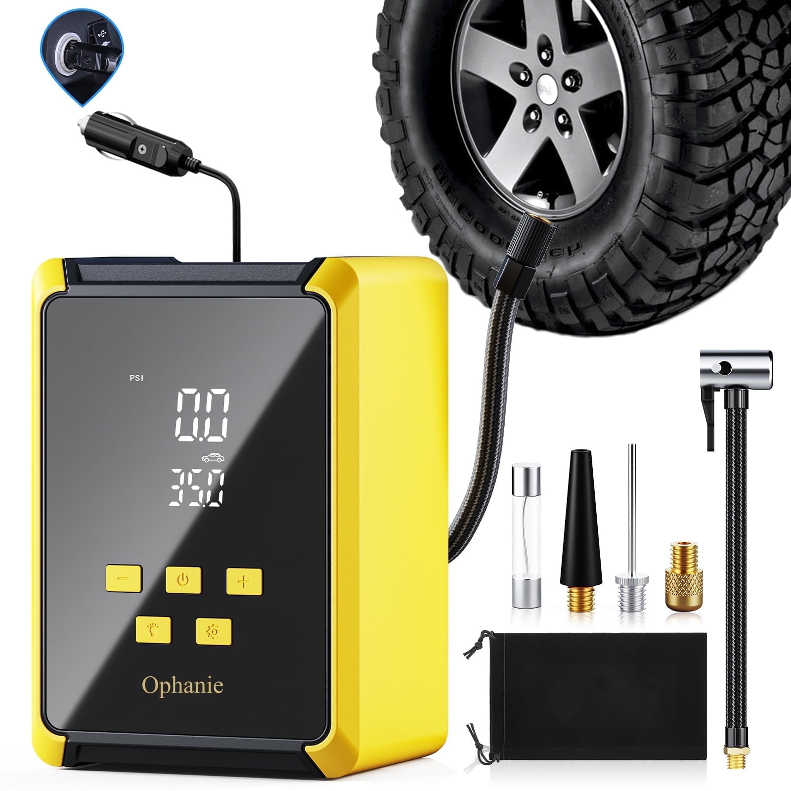 Ophanie 12V DC Tire Inflator - 160 PSI Pressure Gauge, Automatic ...