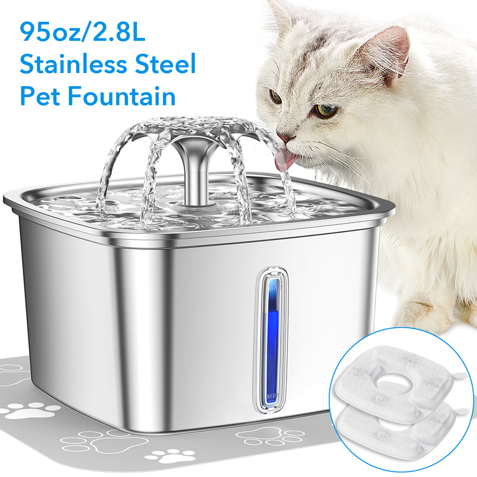 Beacon Pet 80 oz. Cat Water Fountain, Stainless Steel Pet Fountain with ...