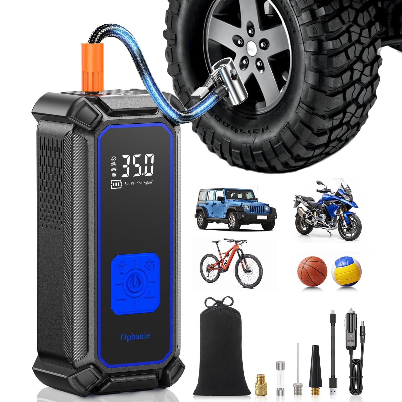 Ophanie Cordless Portable Tire Inflator - 160 Psi Digital Pressure ...