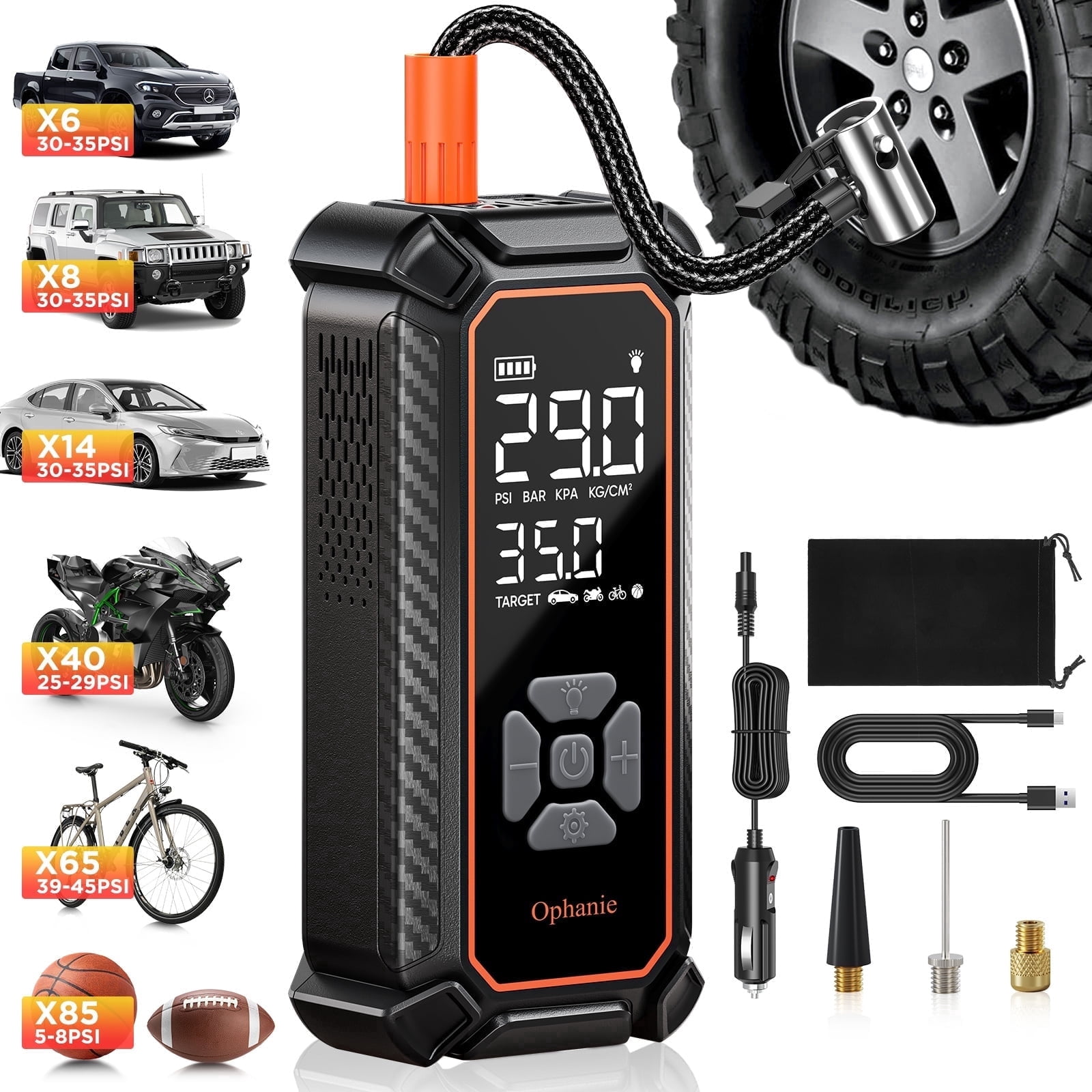 Ophanie Cordless Tire Inflator Portable Air Compressor, 160PSI, 4500mAh ...