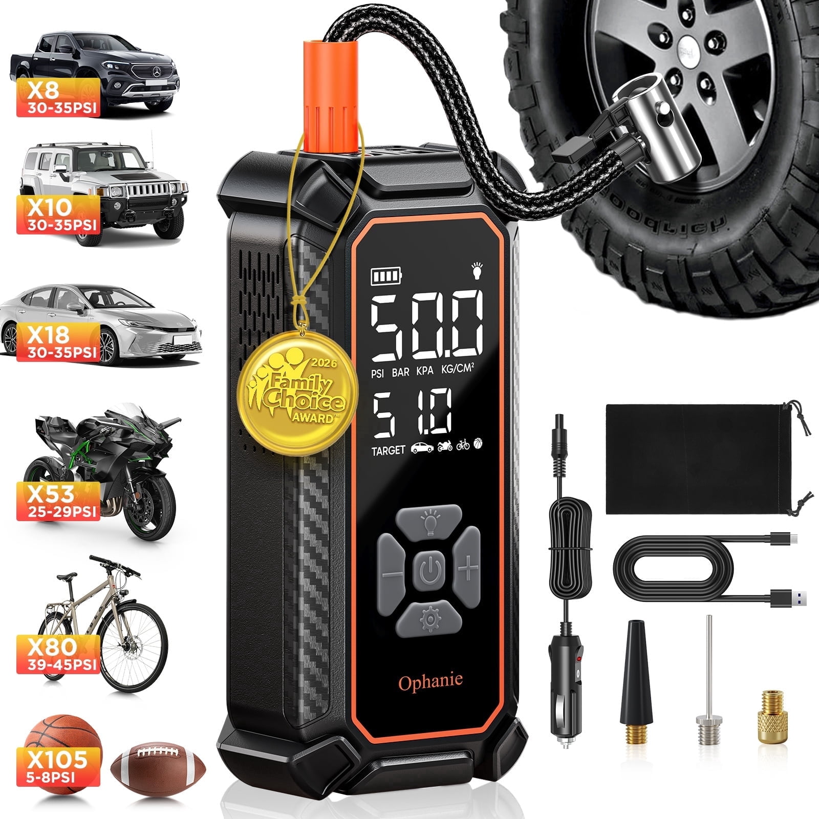 Ophanie Cordless Tire Inflator Portable Air Compressor, 160PSI, 6000mAh ...
