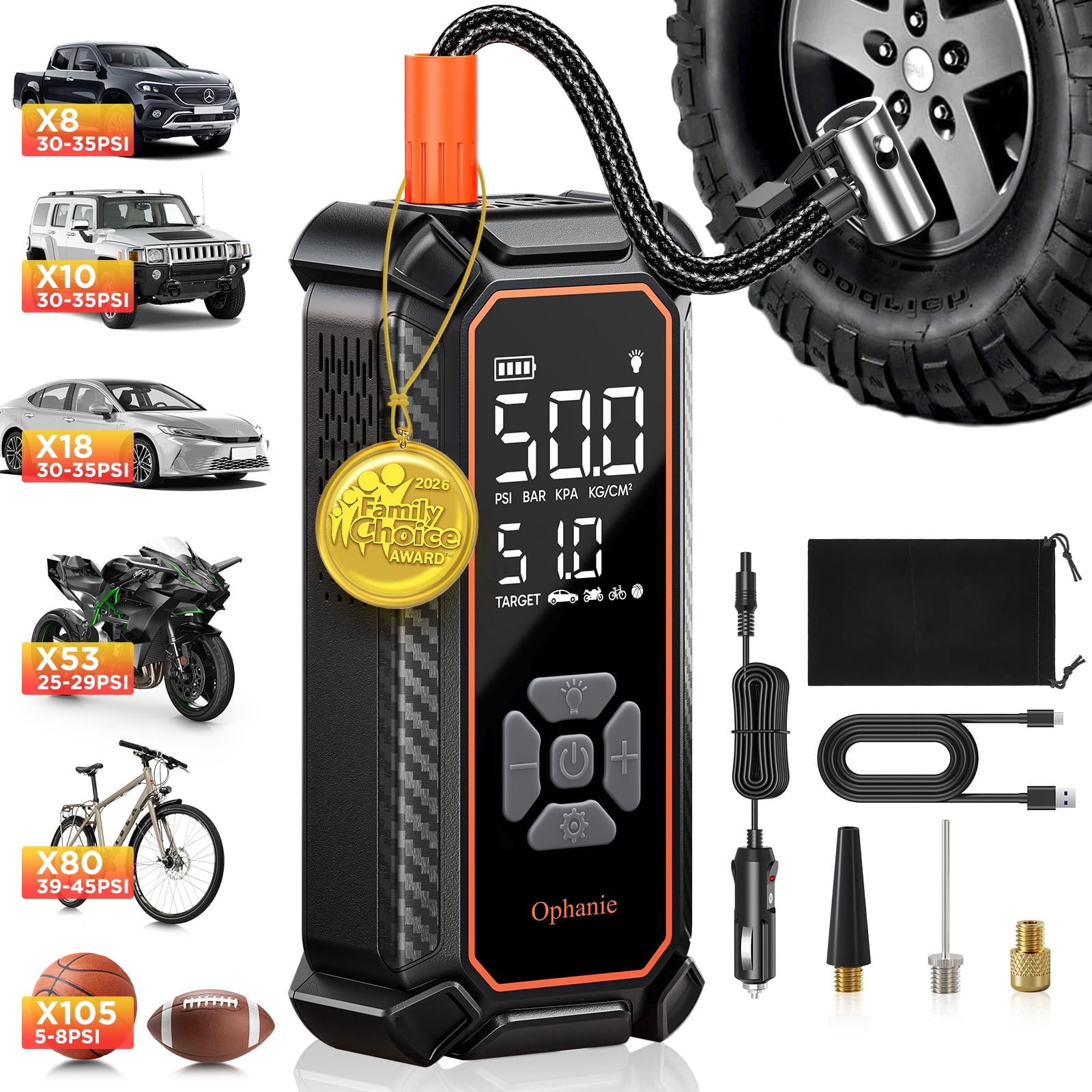 Ophanie Cordless Tire Inflator Portable Air Compressor, 160PSI, 6000mAh ...