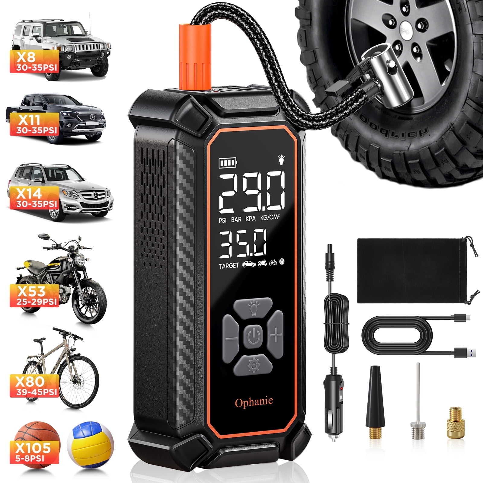 Ophanie Cordless Tire Inflator Portable Air Compressor, 160PSI, 6000mAh ...