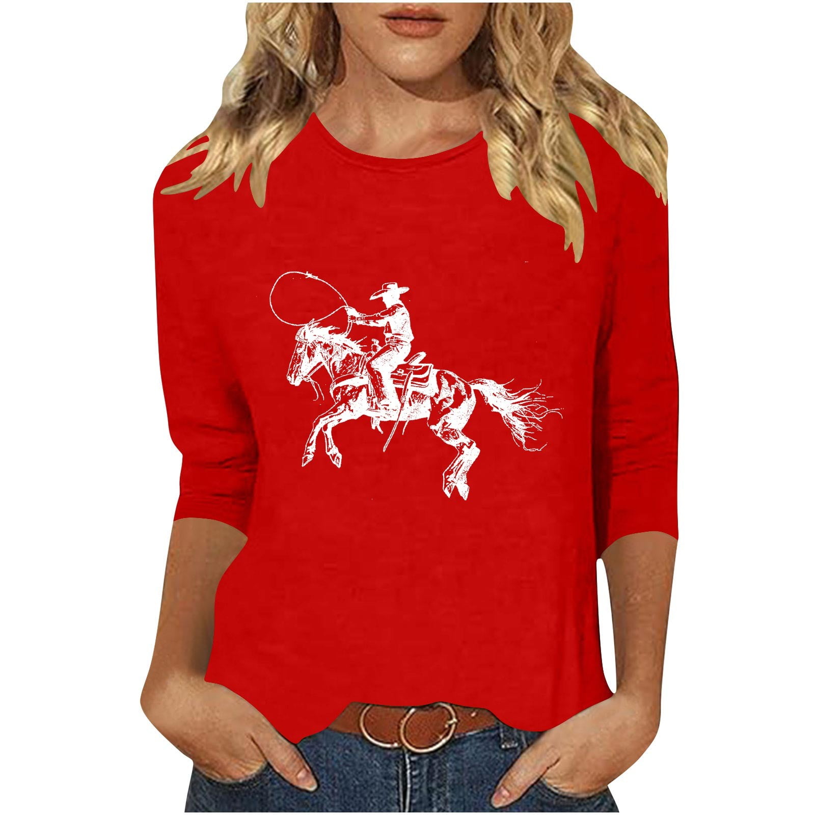 Oplxuo 3/4 Sleeve Tops for Women Cowboy Style Crewneck Loose Blouse ...