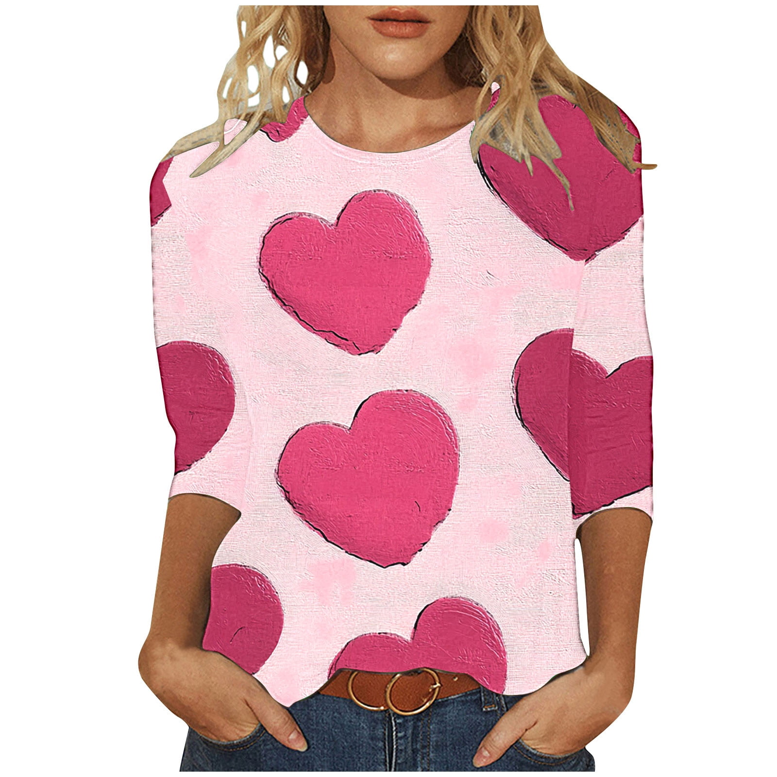 Oplxuo 3/4 Sleeve Tops for Women Heart Printed Cute Graphic Tee Shirts ...