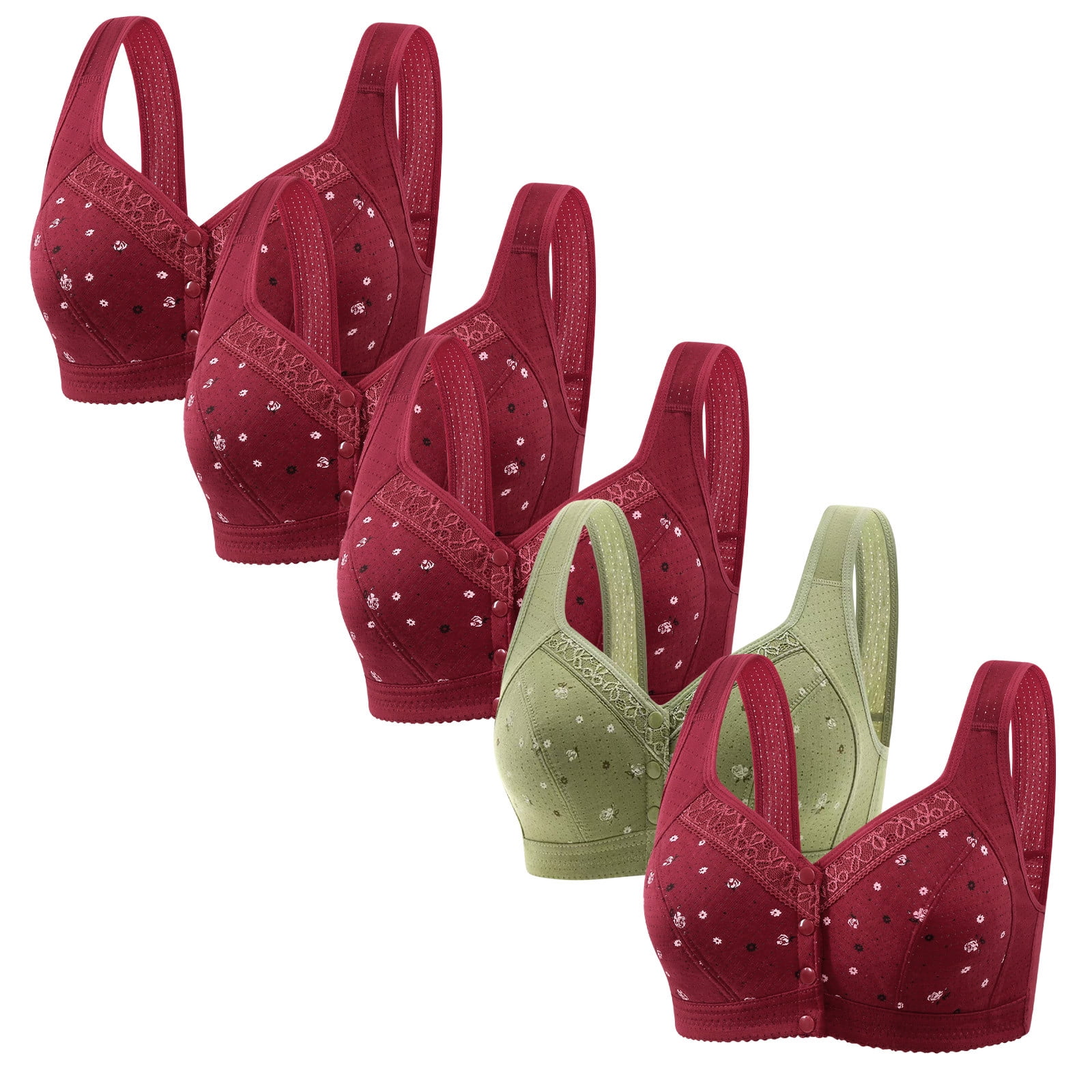 Oplxuo 5-Pack Women's Front Closure Wireless Daisy Bras, Comfort Plus ...