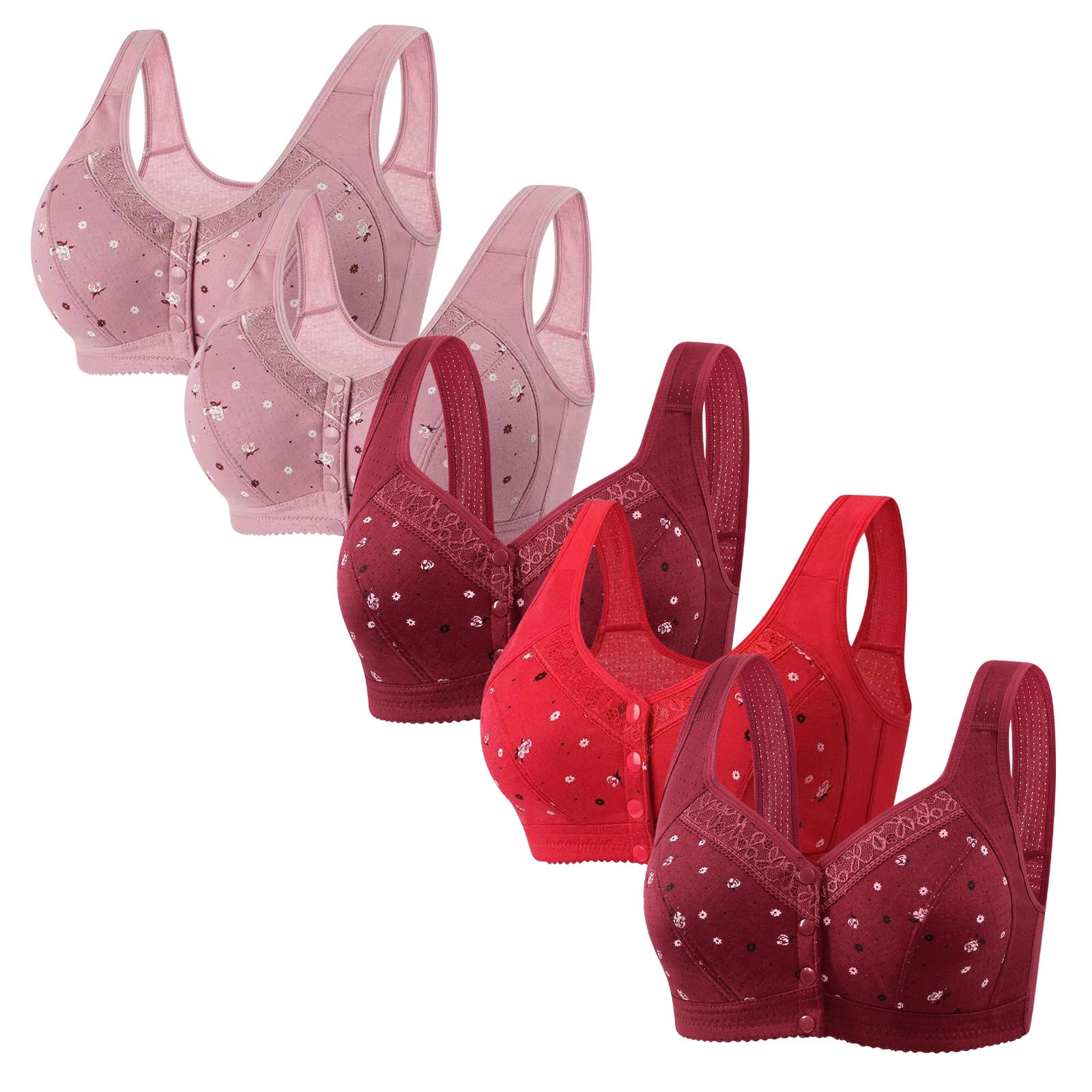 Oplxuo 5-Pack Women's Wireless Daisy Bras, Front Closure Comfort Plus ...