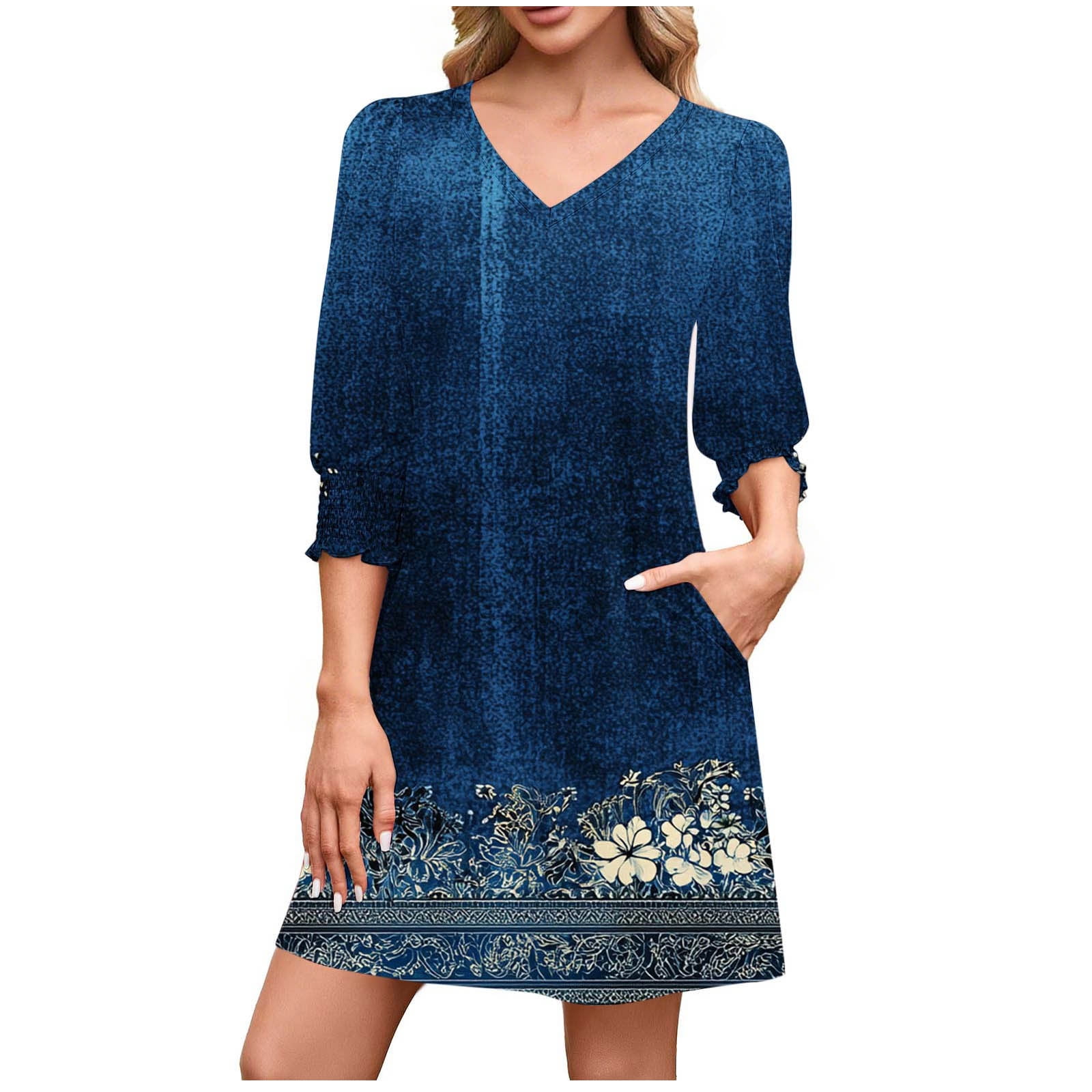Oplxuo A-Line Casual Mini Dress for Women Smocked Cuff 3/4 Sleeve Loose ...