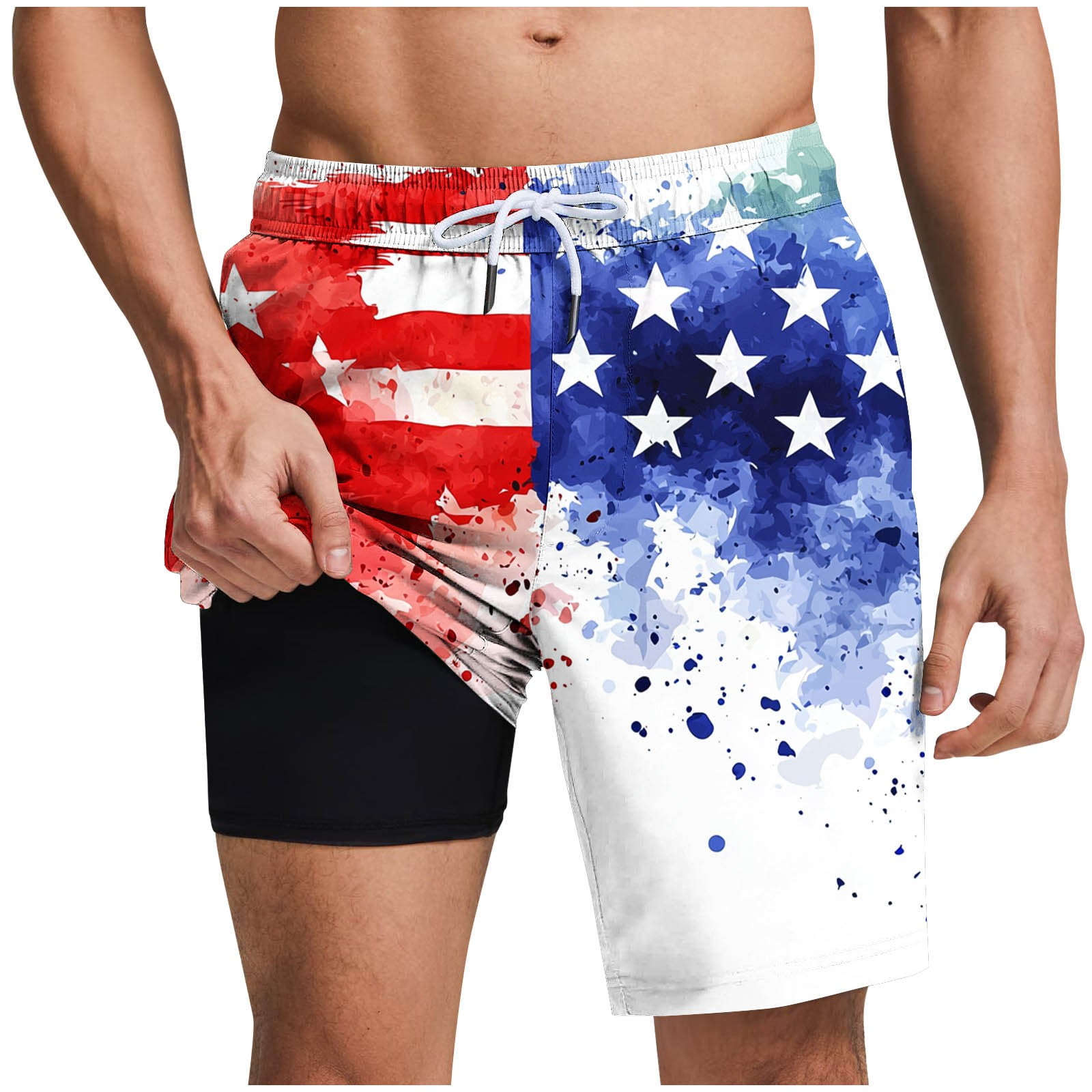 Oplxuo American Flag Men's Swim Trunks with Compression Liner USA Flag ...
