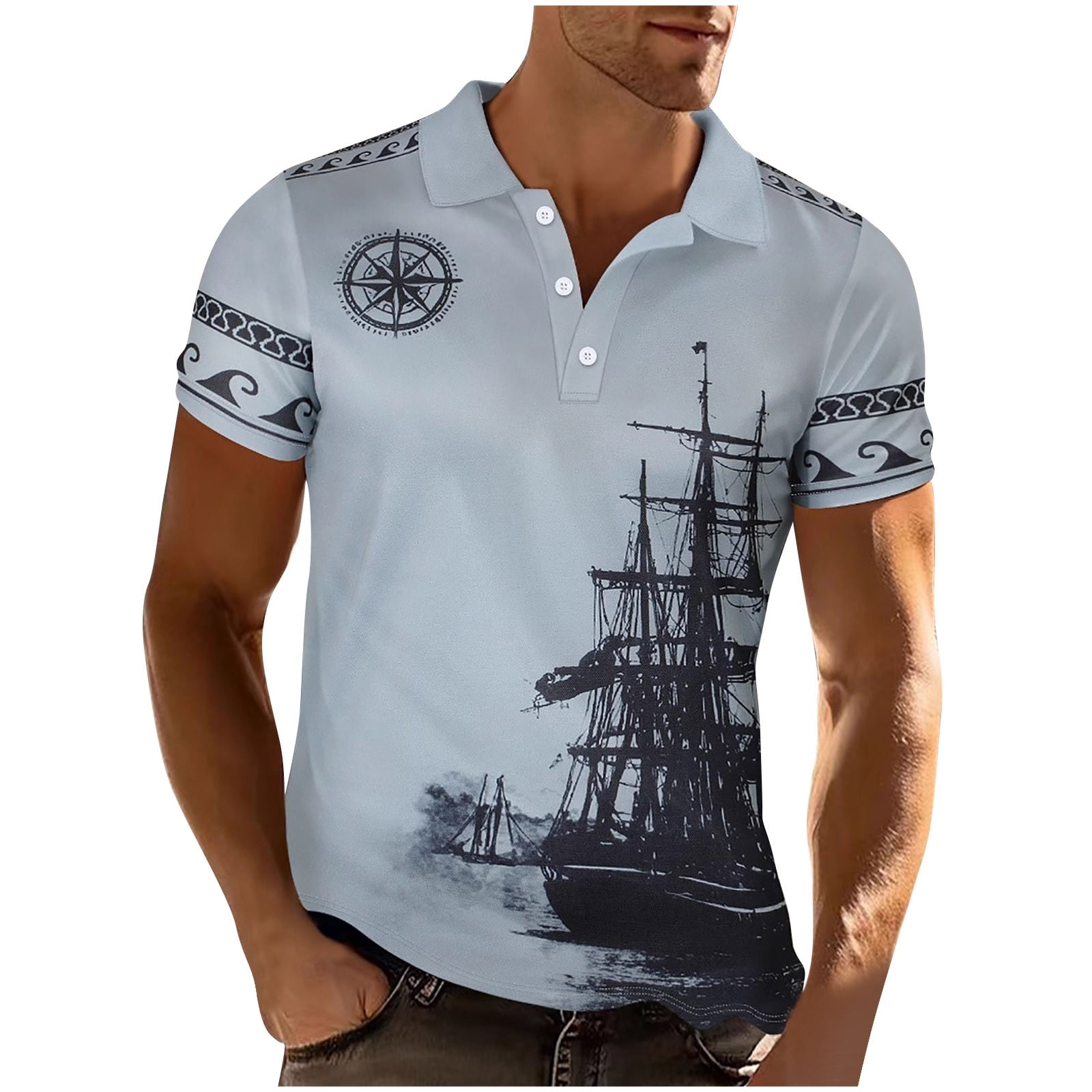 Oplxuo Boat Polo Shirt for Men Short Sleeve Print Tops Button Up Golf ...