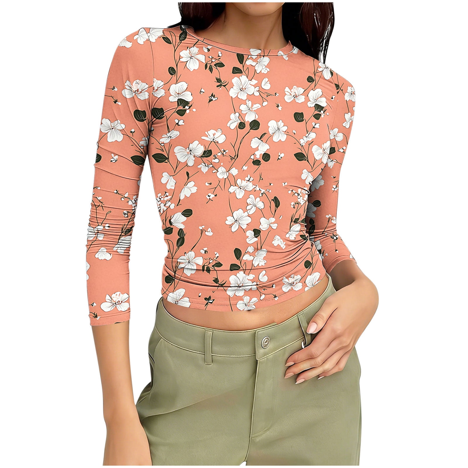 Oplxuo Boho Floral Tops for Women Basic Slim Fit 3/4 Sleeve Shirt ...