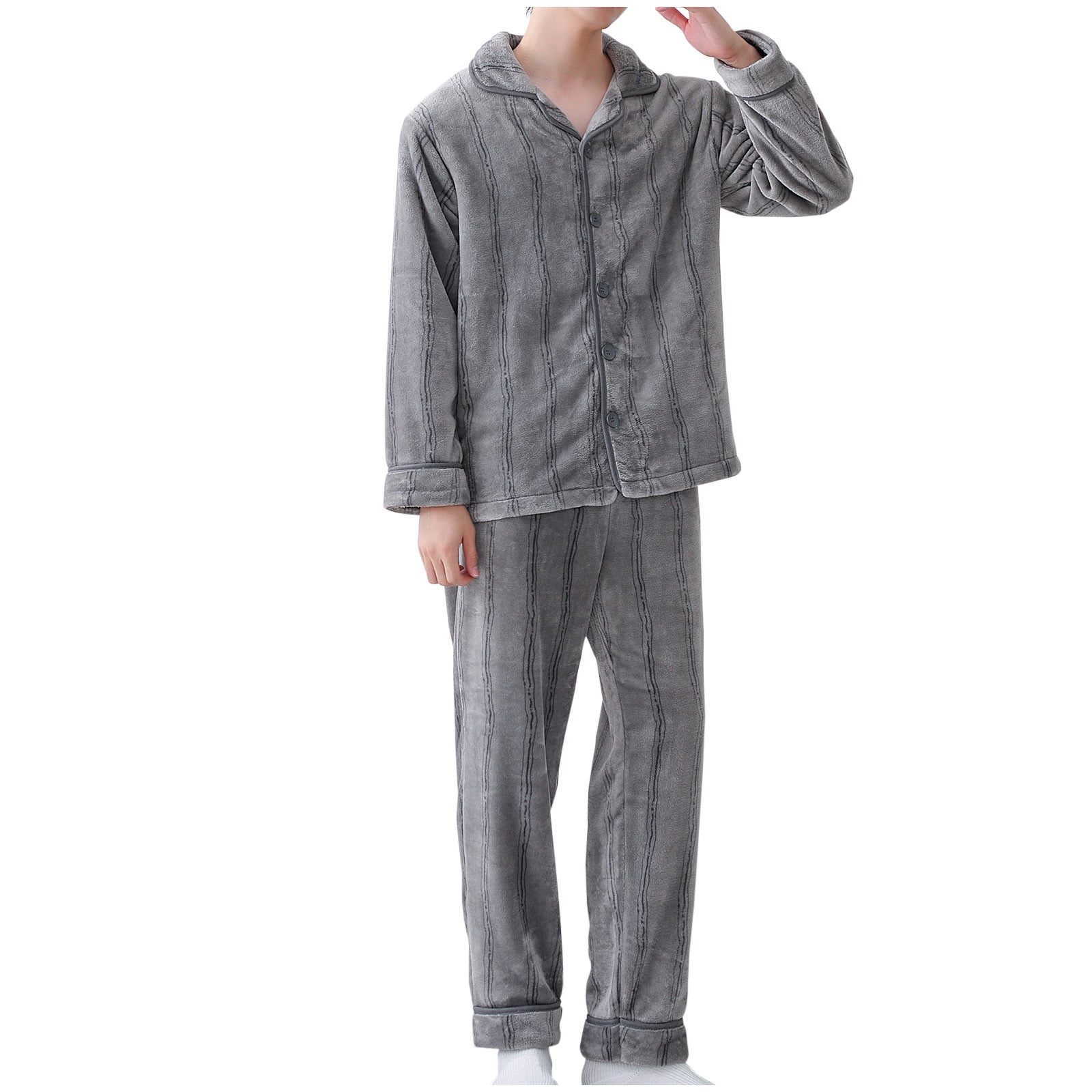 Oplxuo Men's Fleece Plush Pajama Set Fluffy Warm Long Sleeve Button ...