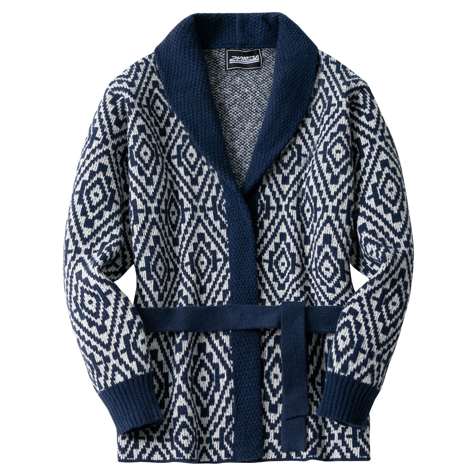 Oplxuo Men's Retro Diamond Pattern Cardigan Sweater Shawl Collar Long Sleeve Belted Knit ...