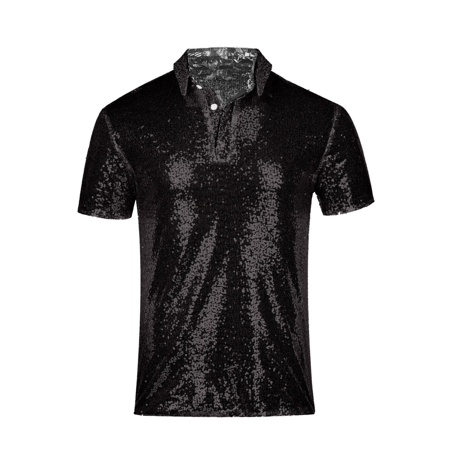 Oplxuo Men's Sequins Sparkle Golf Shirts Short Sleeve Fashion Button Up ...