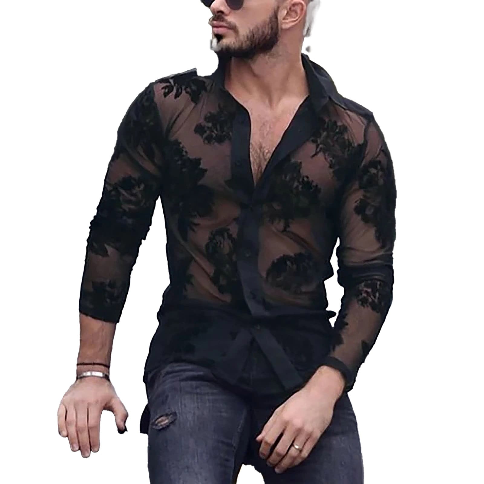 Oplxuo Men's Sheer Floral Lace Embroidery Button Down Shirt, Loose Fit ...