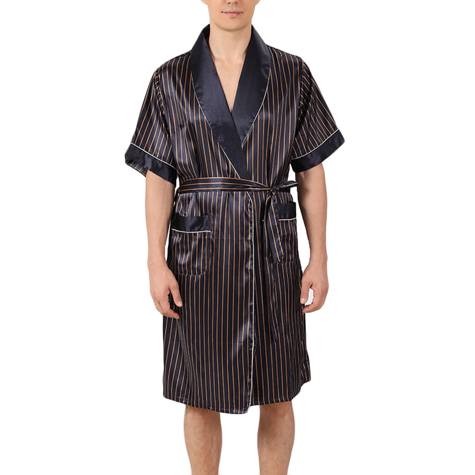 Oplxuo Men's Striped Satin Robe Short Sleeve Summer Lightweight Silky ...