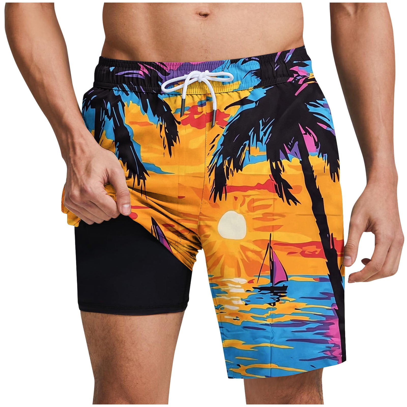 Oplxuo Mens Swim Trunks with Compression Liner 2 in 1 Board Shorts ...