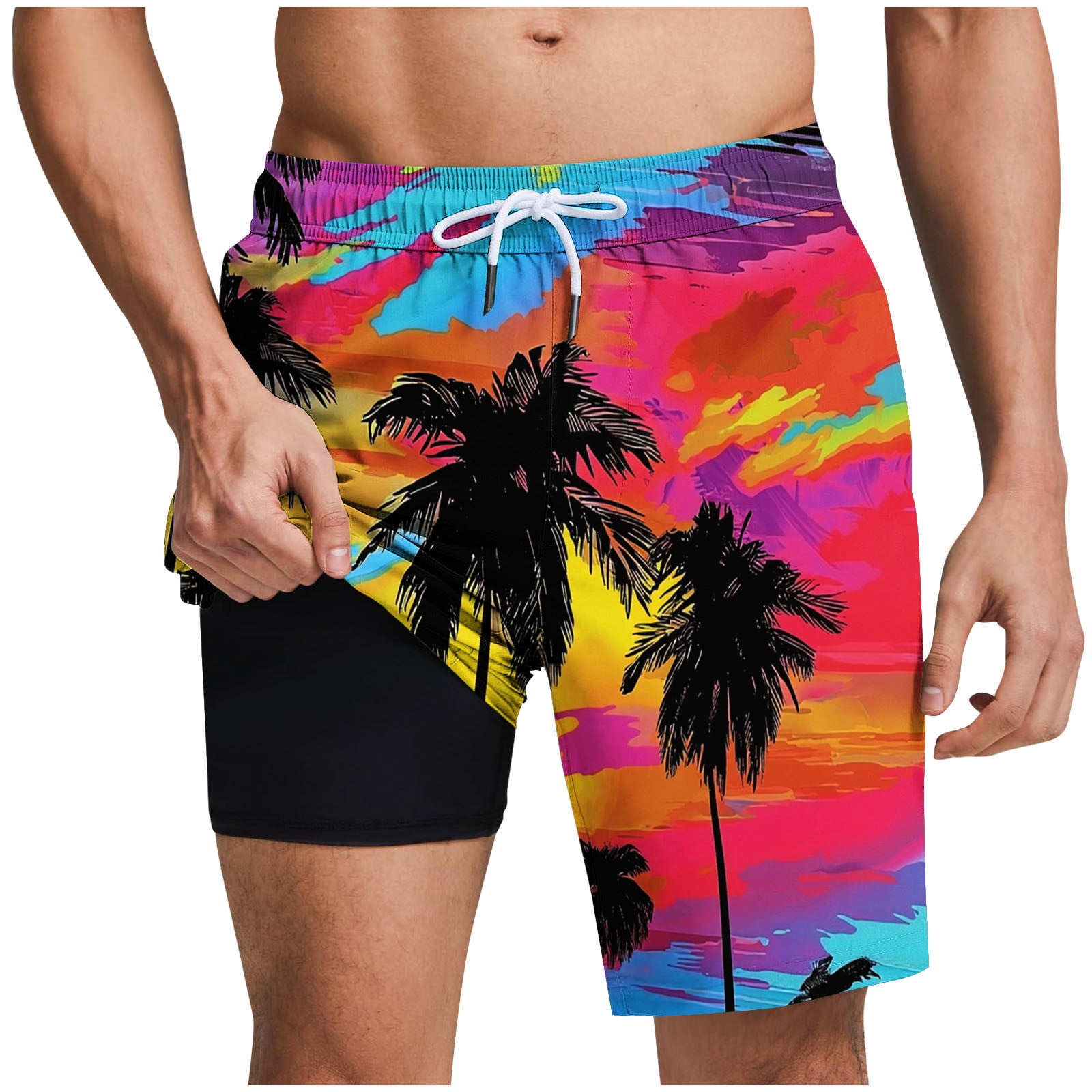 Oplxuo Mens Swim Trunks with Compression Liner 2 in 1 Board Shorts ...