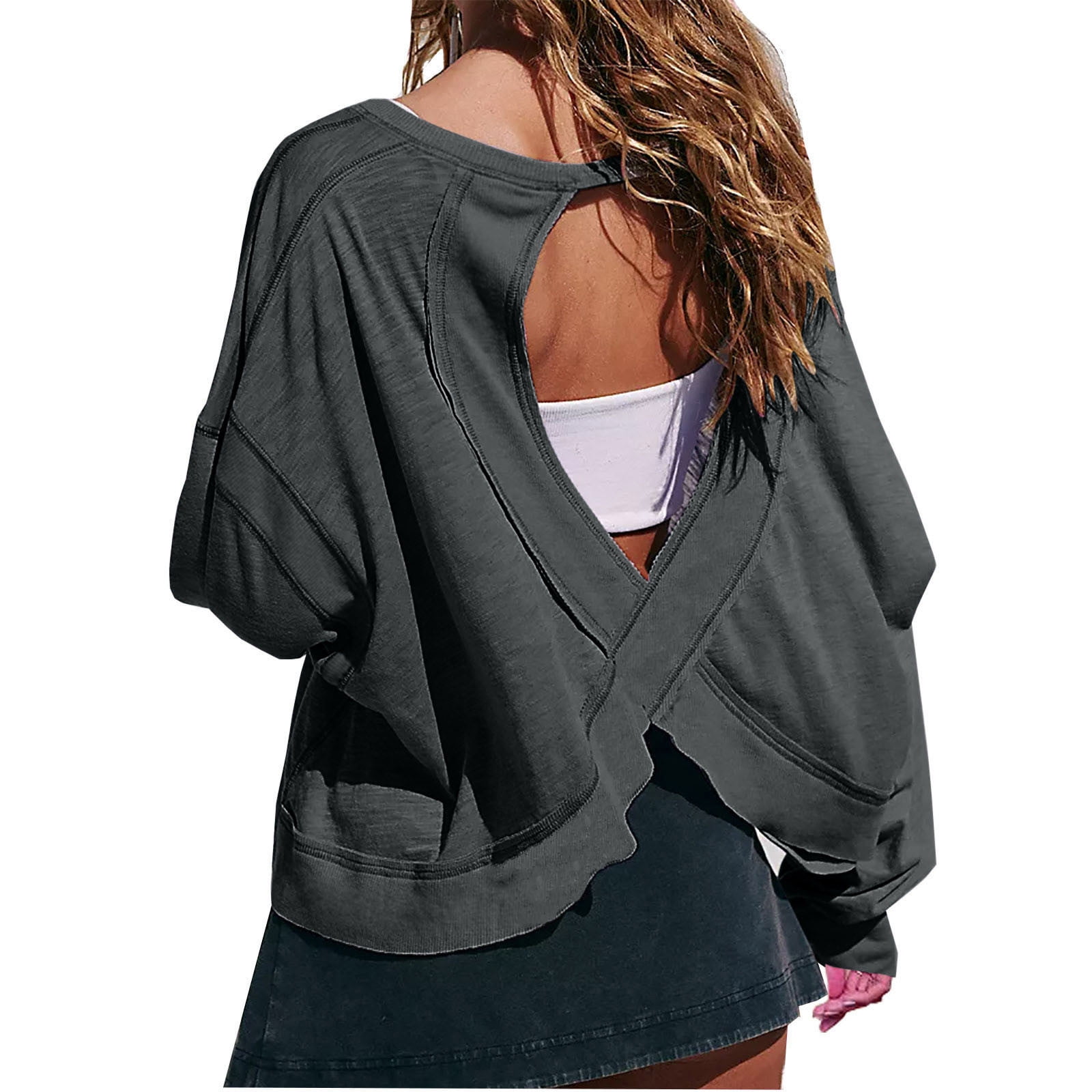 Oplxuo Open Back Workout Tops for Women Baggy Long Sleeve Athletic T ...