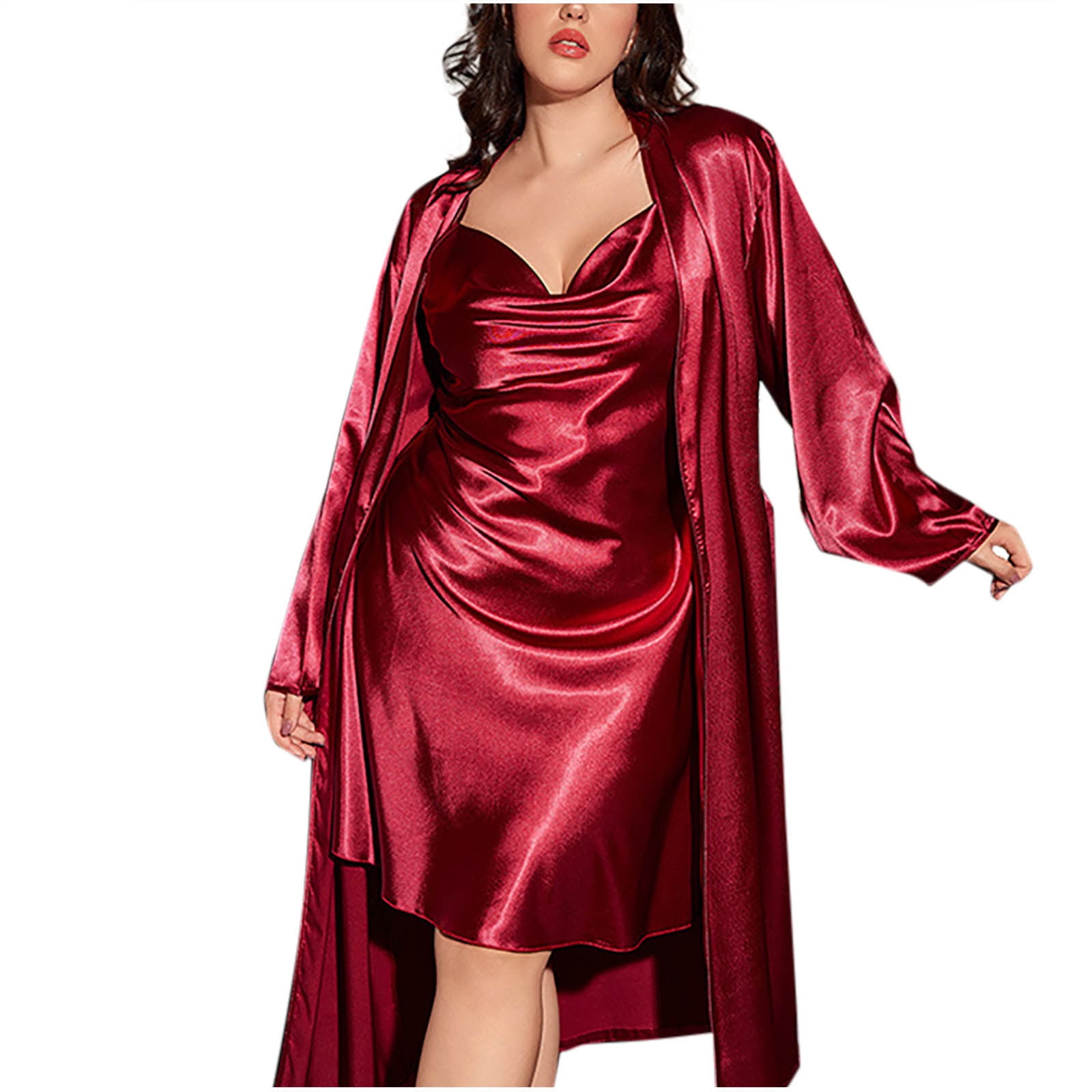 Oplxuo Plus Size Women's Satin Slik Pajama Sets Long Open Front Robe ...