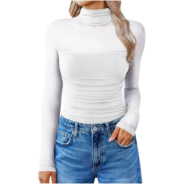 Oplxuo Ruched Mock Neck Bodysuit Tops For Women Dressy Patchwork Slim