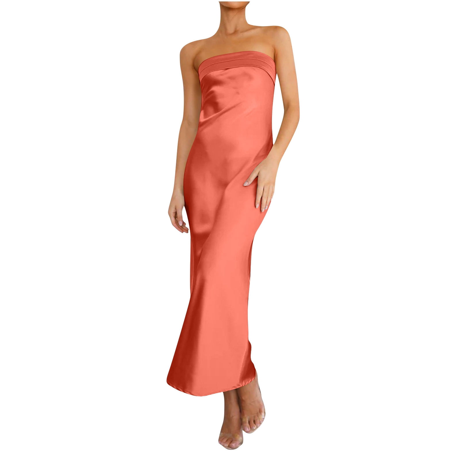 Oplxuo Satin Silk Backless Tube Tops Maxi Dress for Women Low Back ...