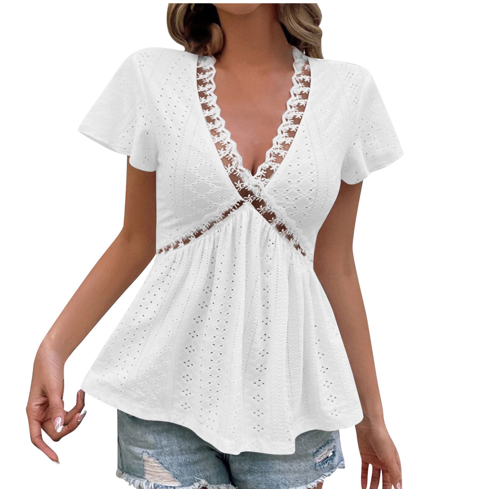 Oplxuo Short Sleeve Peplum Tops for Women Sexy Hollow Lace V Neck ...