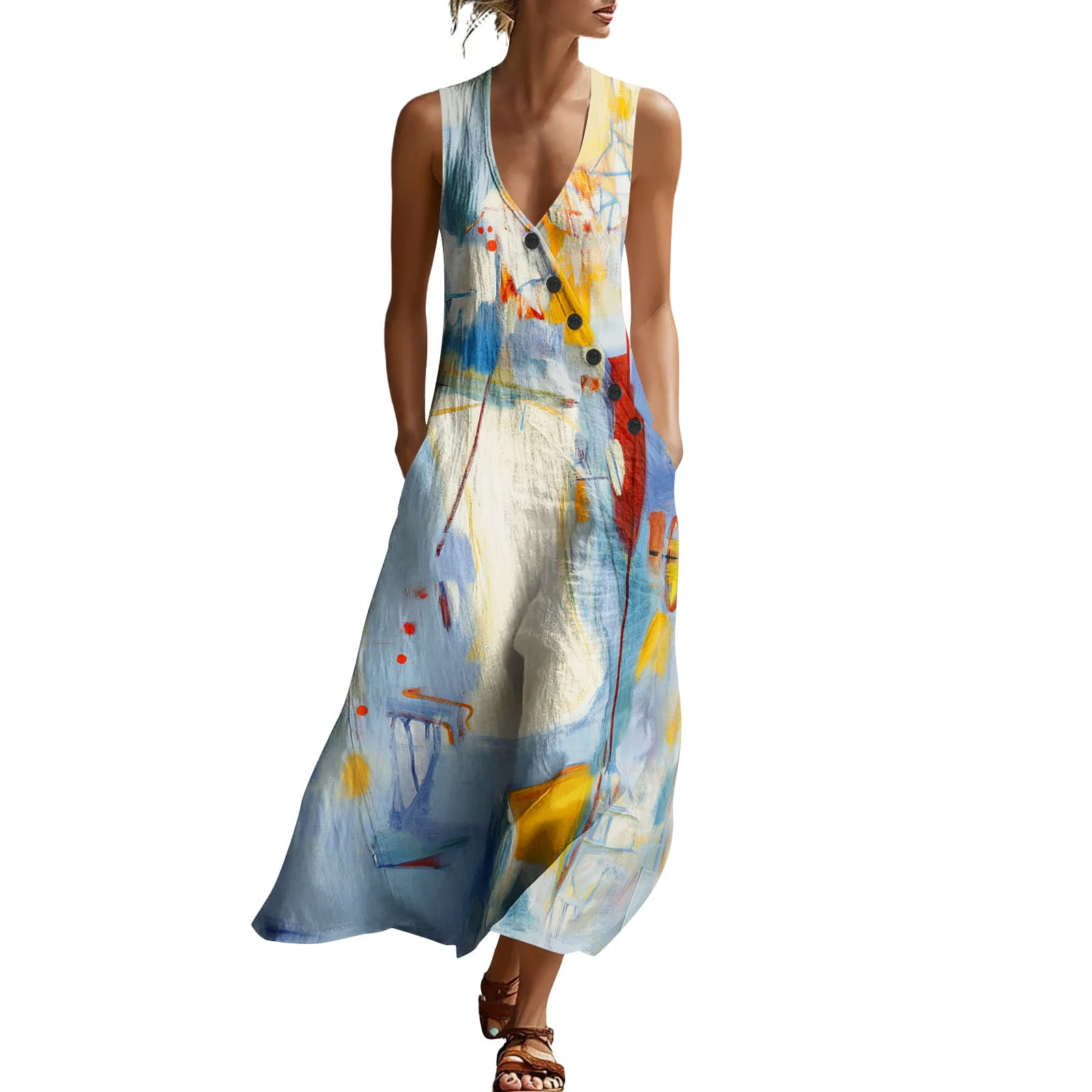 Oplxuo Summer Dresses for Women 2026 Button Front Sleeveless Casual ...