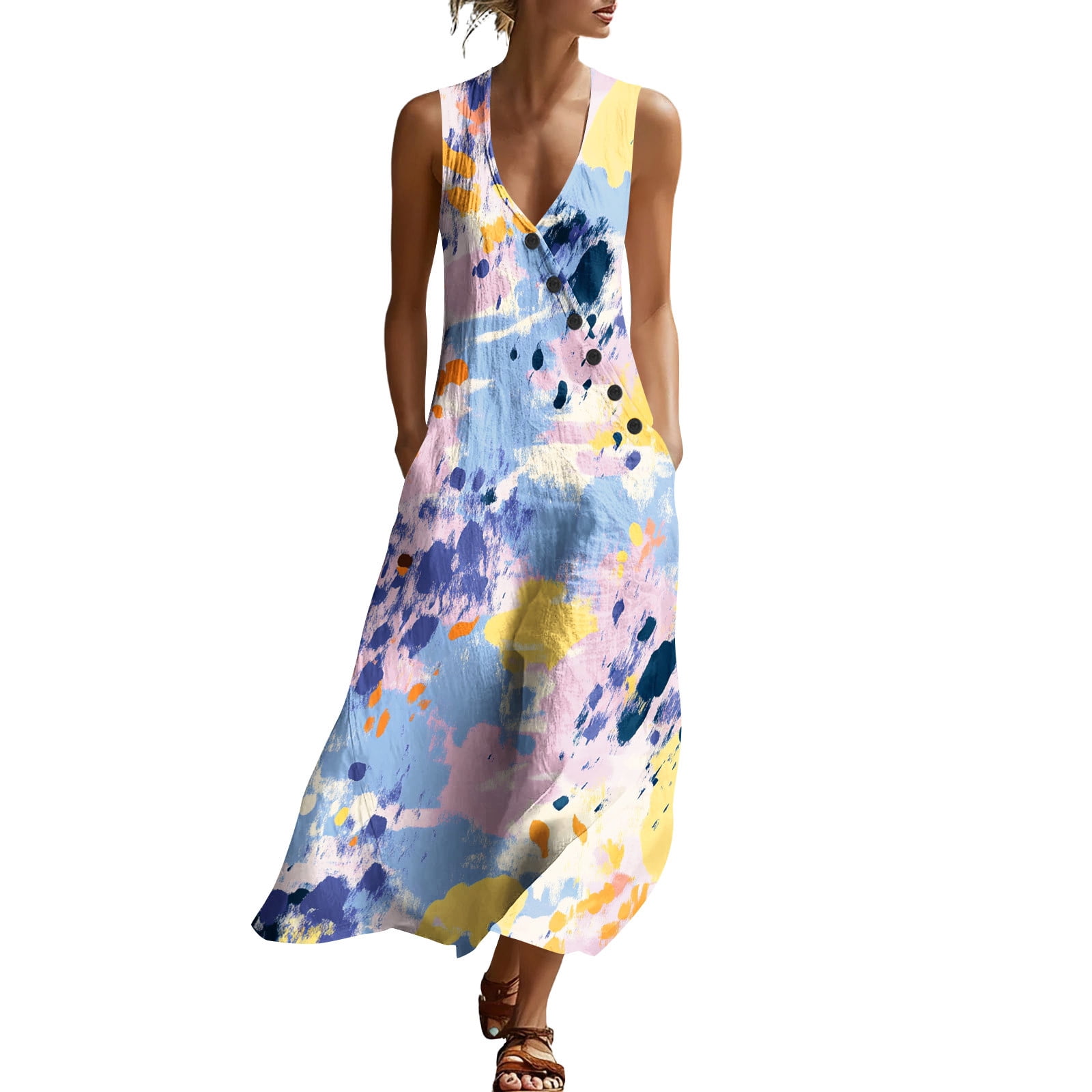 Oplxuo Summer Dresses for Women 2026 Button Front Sleeveless Casual ...