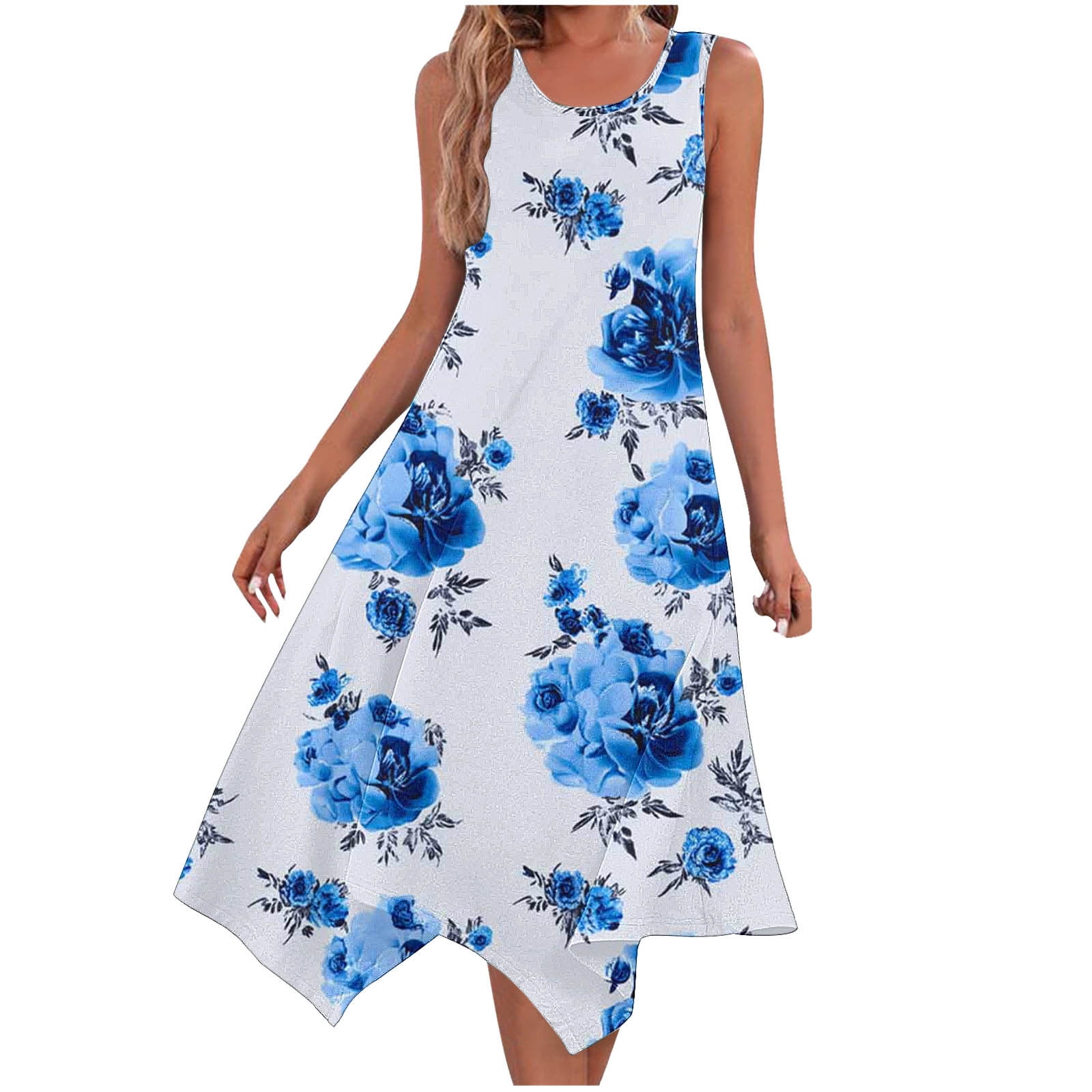 Oplxuo Summer Dresses for Women Loose Floral Print Sundress Hankerchief ...