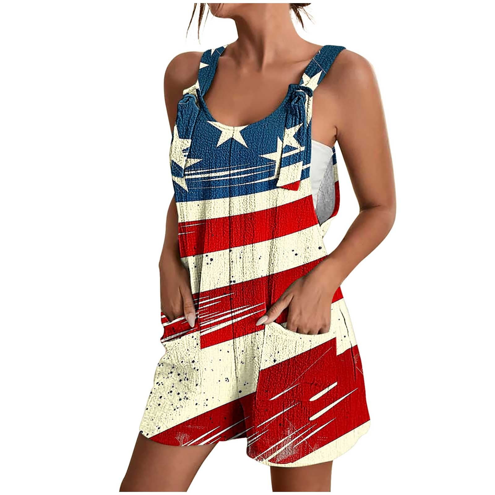 Oplxuo Summer Linen Rompers for Women American Flag Loose Short ...