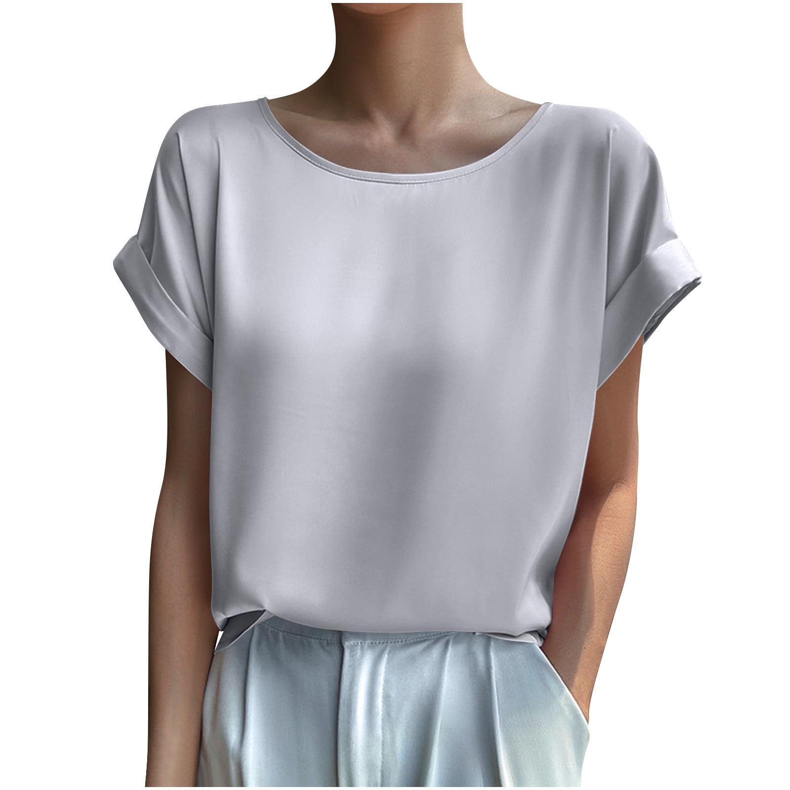 Oplxuo Summer Satin Silk Tops for Women Short Sleeve Dressy Casual ...
