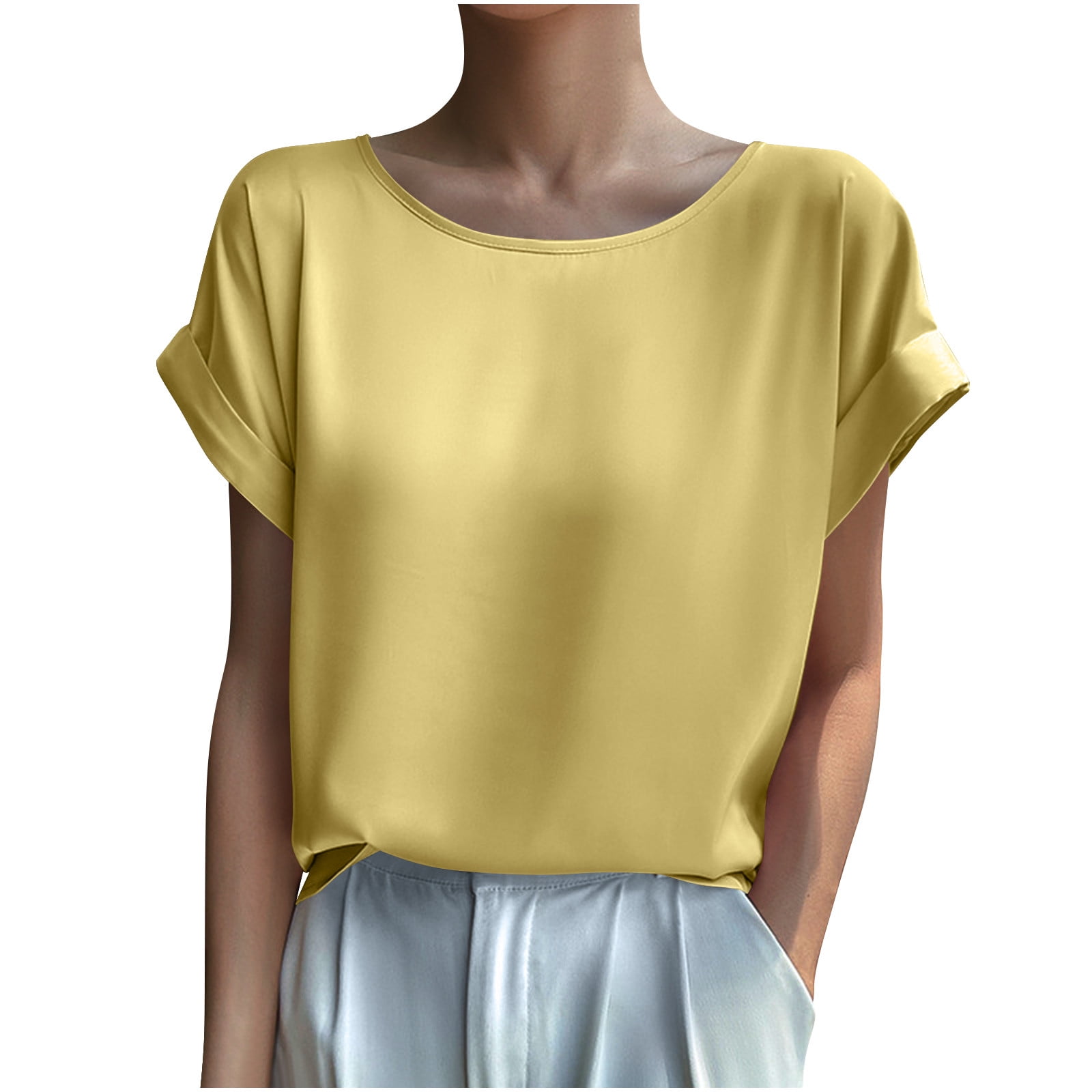 Oplxuo Summer Satin Silk Tops for Women Short Sleeve Dressy Casual ...