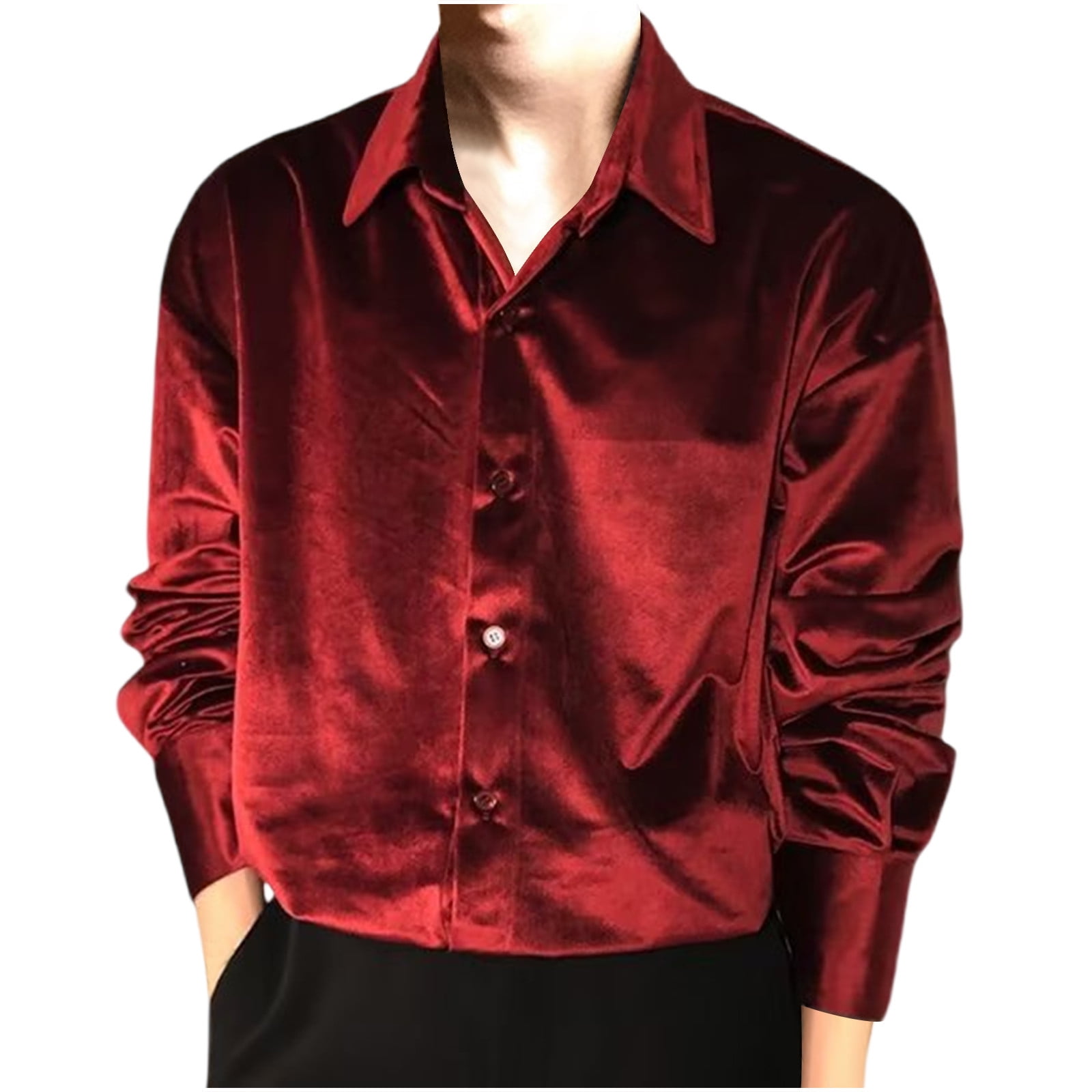 Oplxuo Velvet Shirts for Men Vintage Loose Long Sleeve Button-Down ...