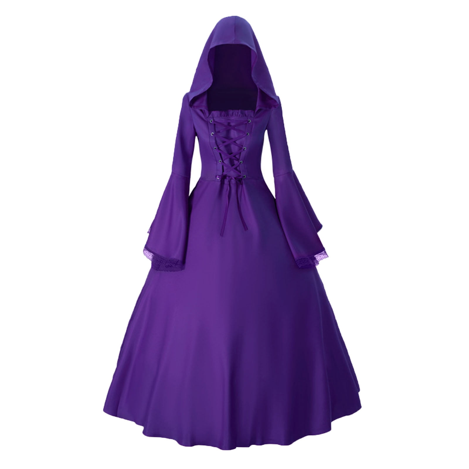 Oplxuo Vintage Gothic Medieval Black Hooded Dress Halloween Front Lace ...