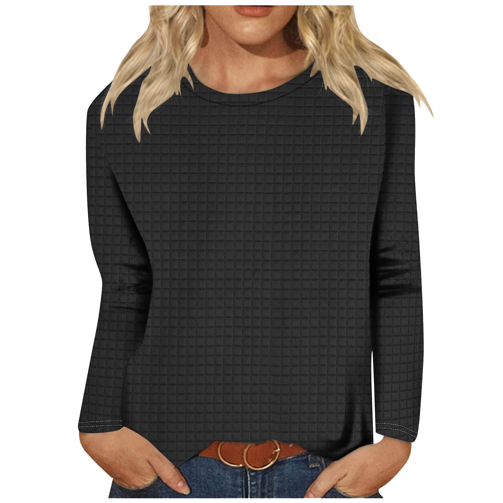 Oplxuo Waffle Tops for Women Basic Solid Crewneck Long Sleeve T-Shirts ...
