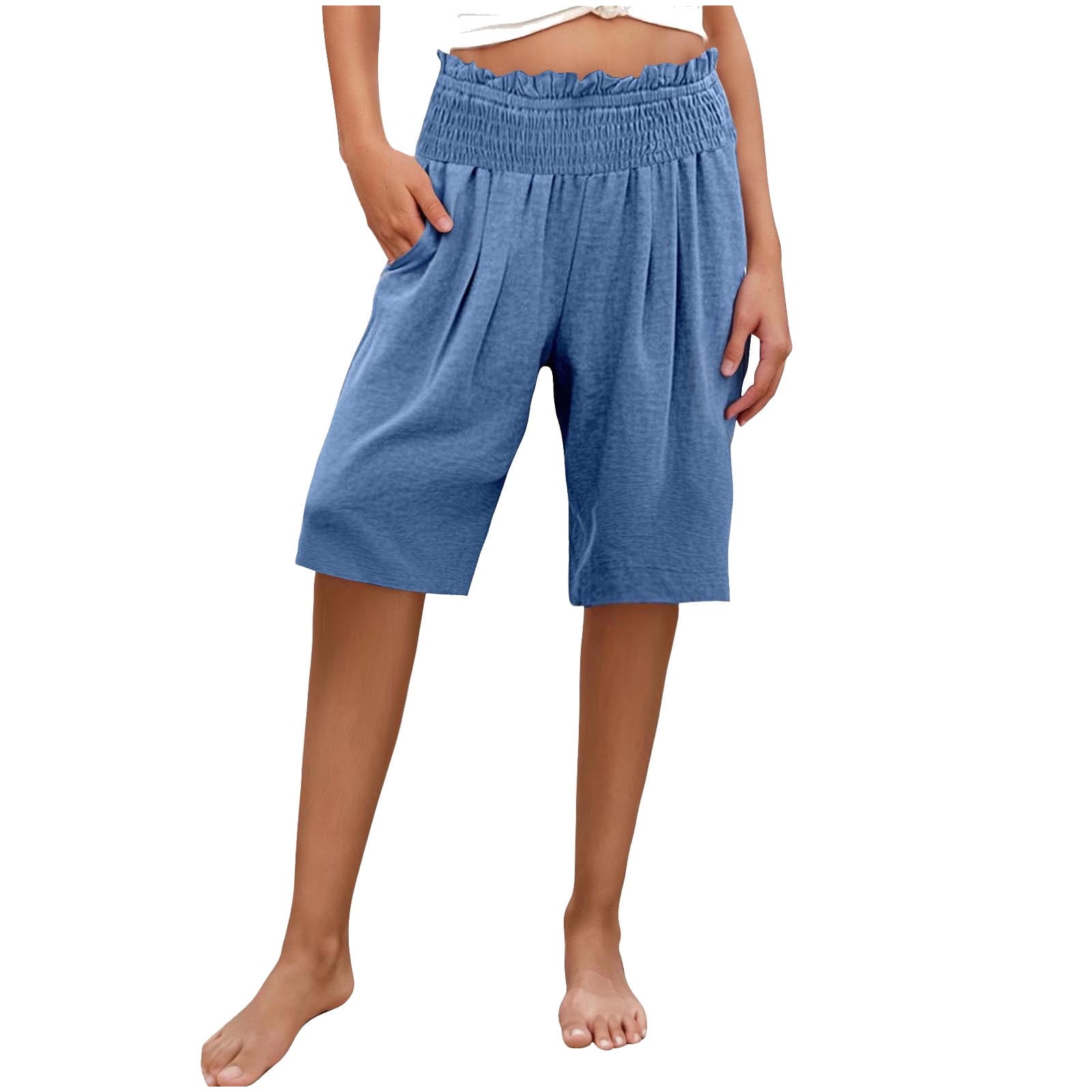 Oplxuo Women Casual Summer Capri Trendy Smocked Waist Ruffle Trim Linen ...