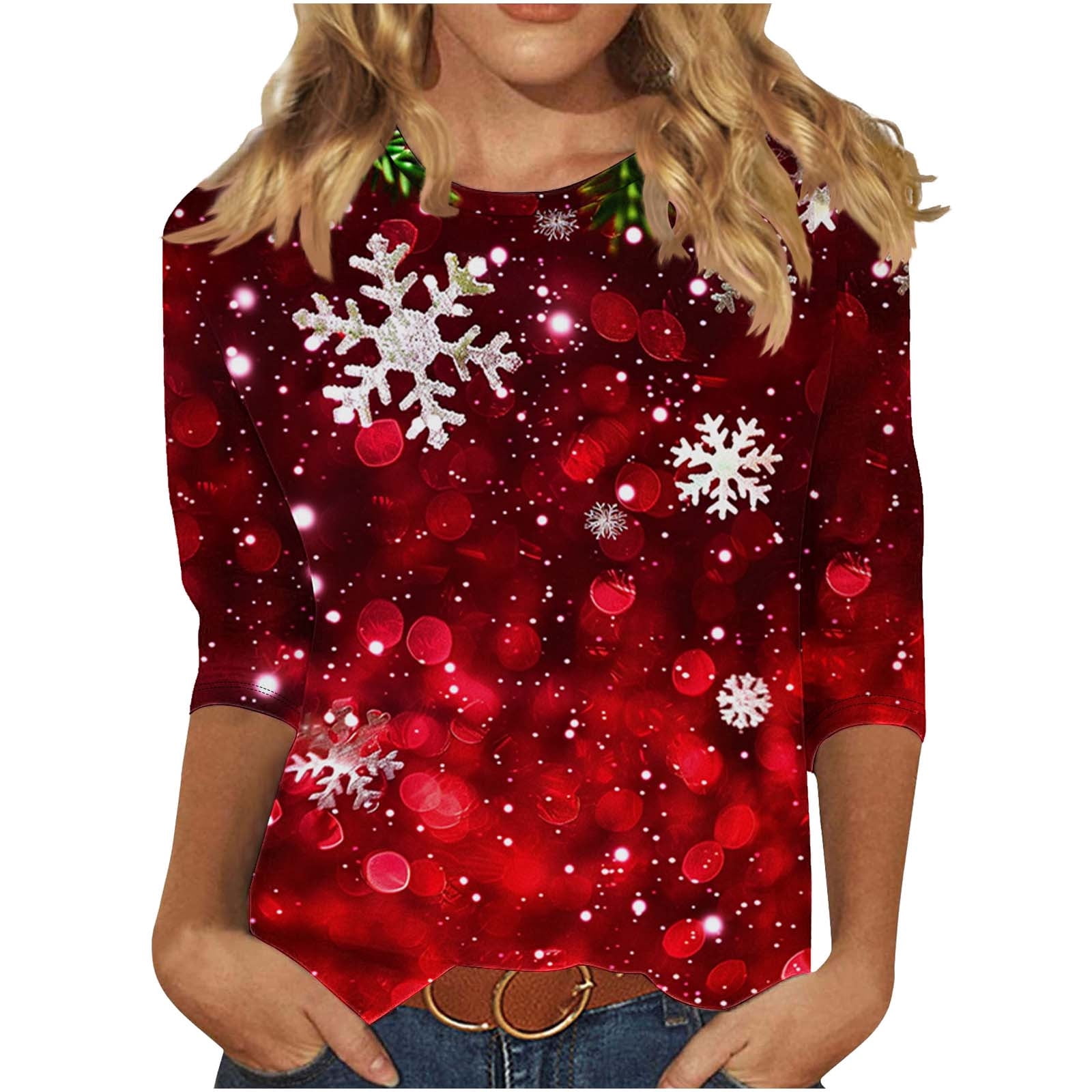 Oplxuo Women Christmas Shirts 3/4 Length Sleeves Crewneck Tops ...