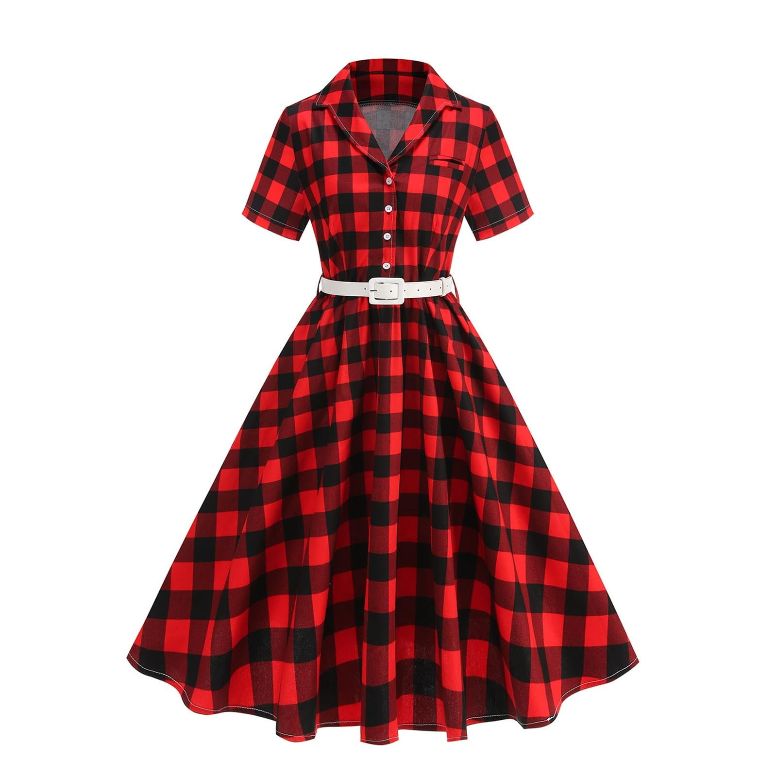 Oplxuo Women Notch Lapel Vintage V-Neck Cocktail Swing Dress 50s 60s Button up 1950s Rockabilly ...