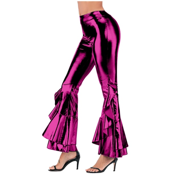 Oplxuo Women Vintage Shiny Metallic Bell Bottom Ruffle Flare Pants- 70s ...
