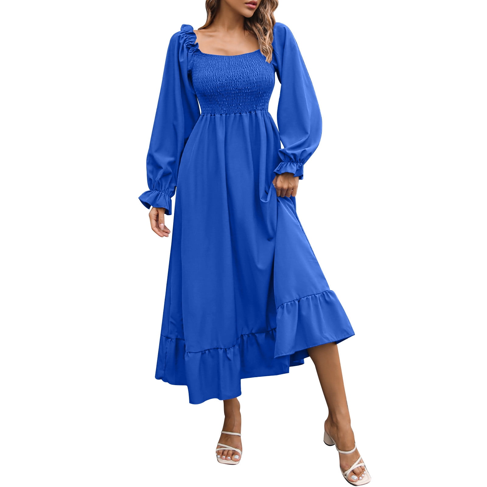 Oplxuo Women's Boho Square Neck Smocked Long Puff Sleeve A Line Maxi Dress - Walmart.com