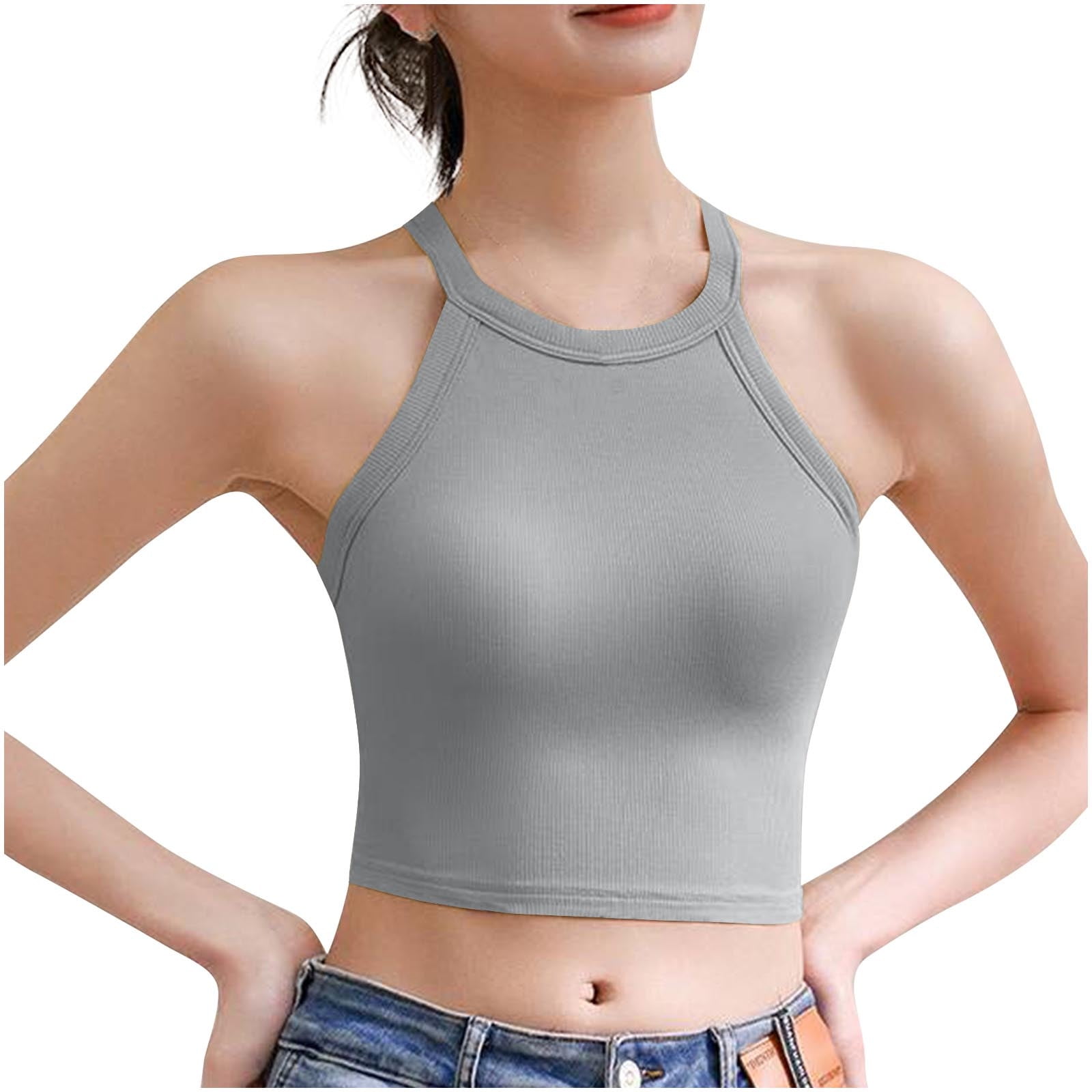 Oplxuo Women's Built in Bra Halter Camisole Sleeveless Basic Solid Tank ...