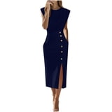 Oplxuo Women's Crew Neck Front Split Dresses Work Business Office Party ...