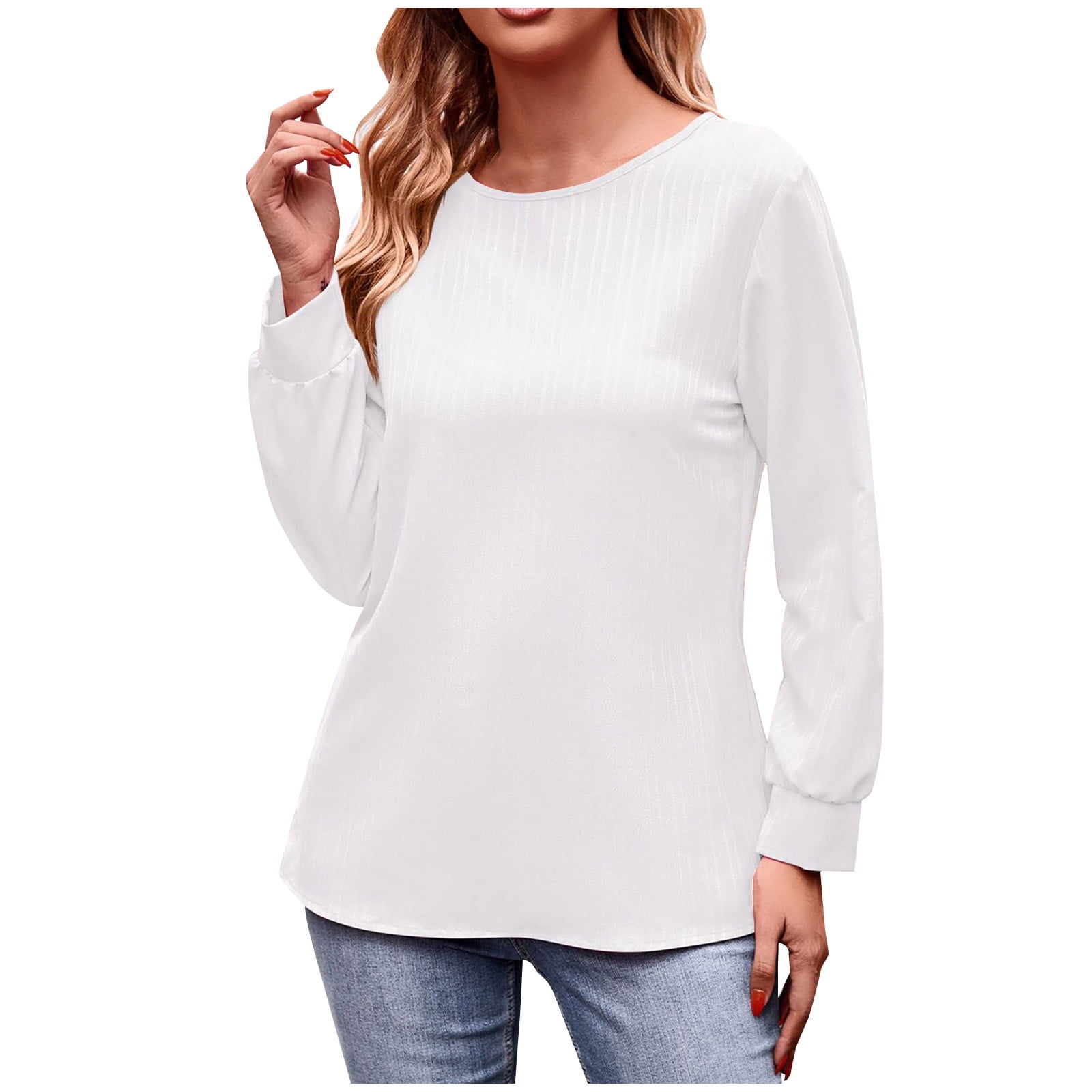 Oplxuo Women's Elegant Jacquard Blouse 2025 Fall Loose Plain Crew Neck ...