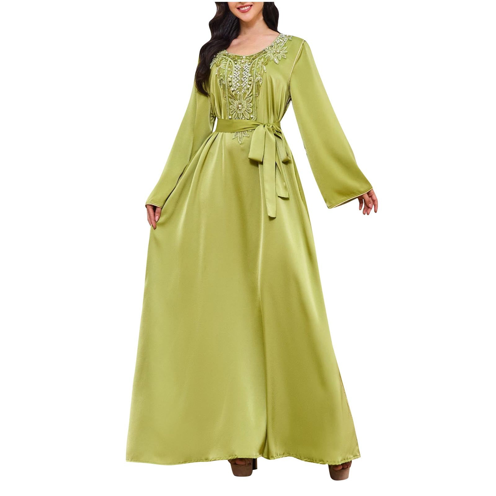 Oplxuo Women's Elegant Rhinestones Embroidery V Neck Muslim Dubai Dress ...