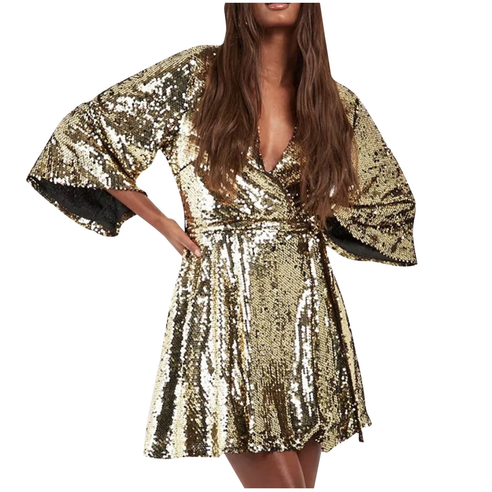 Oplxuo Women's Flared Sequins Dress Sexy Deep V Neck Bell Sleeve Sparkly Evening Party Formal ...