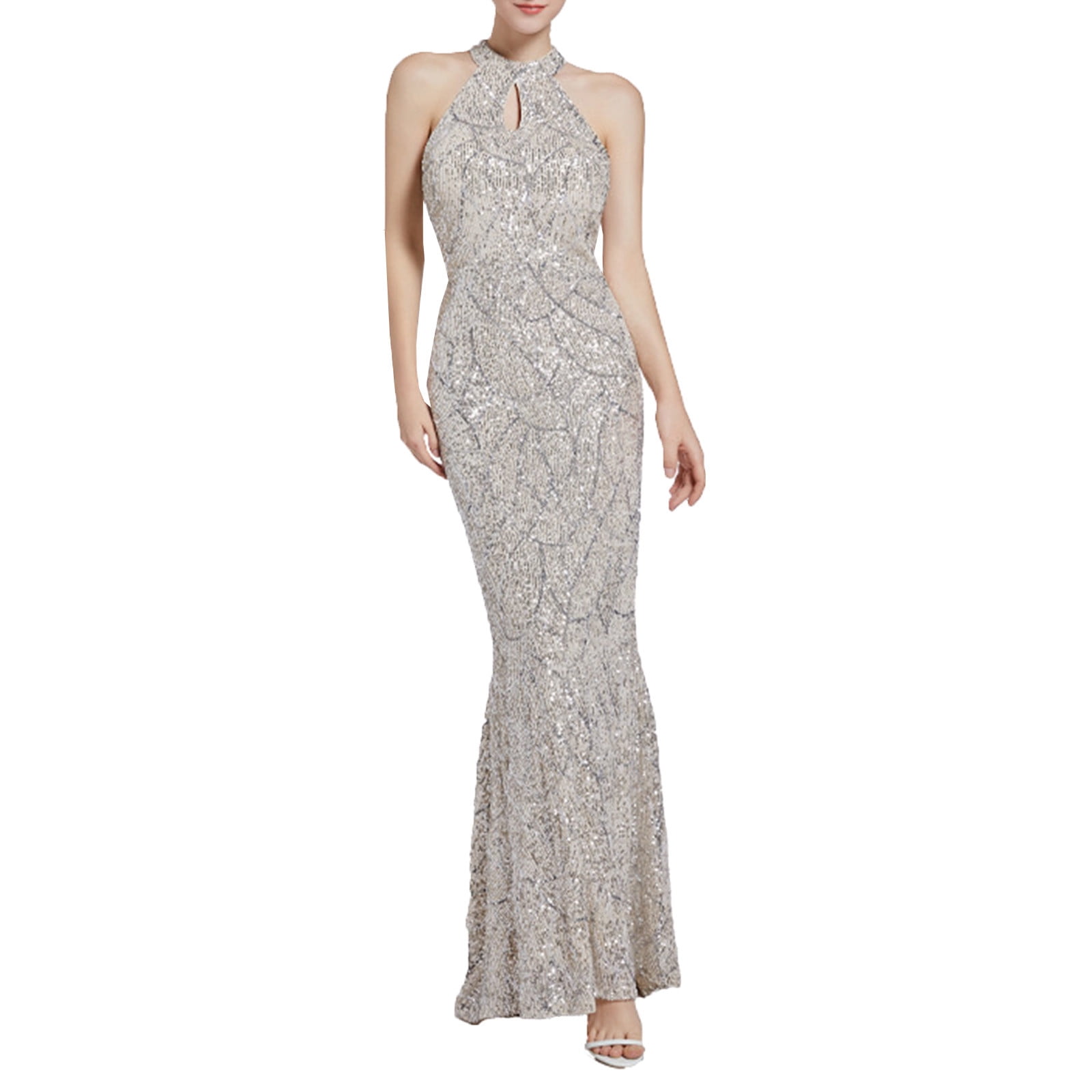 Oplxuo Women's Halter Sequins Mermaid Prom Dress Elegant Sleeveless ...