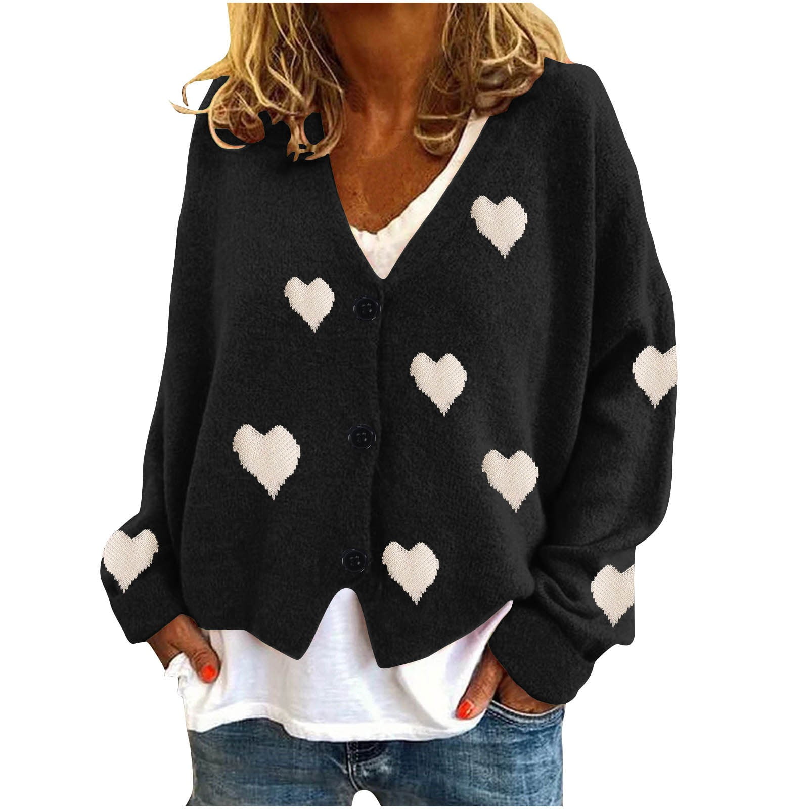 Oplxuo Women's Heart Print Casual Long Sleeve Cardigan V Neck Button ...