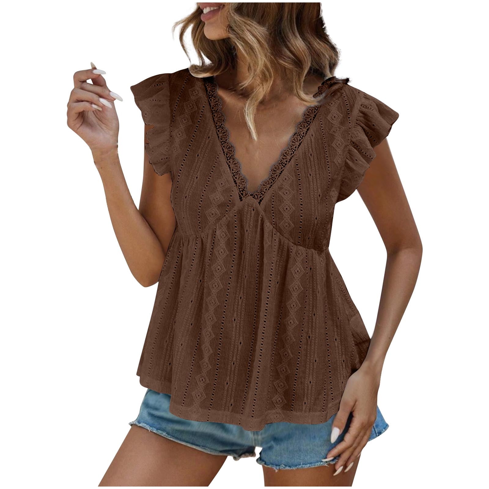 Oplxuo Women's Lace Trimmed V Neck Ruffled Sleeve Flared Eyelet Tank ...